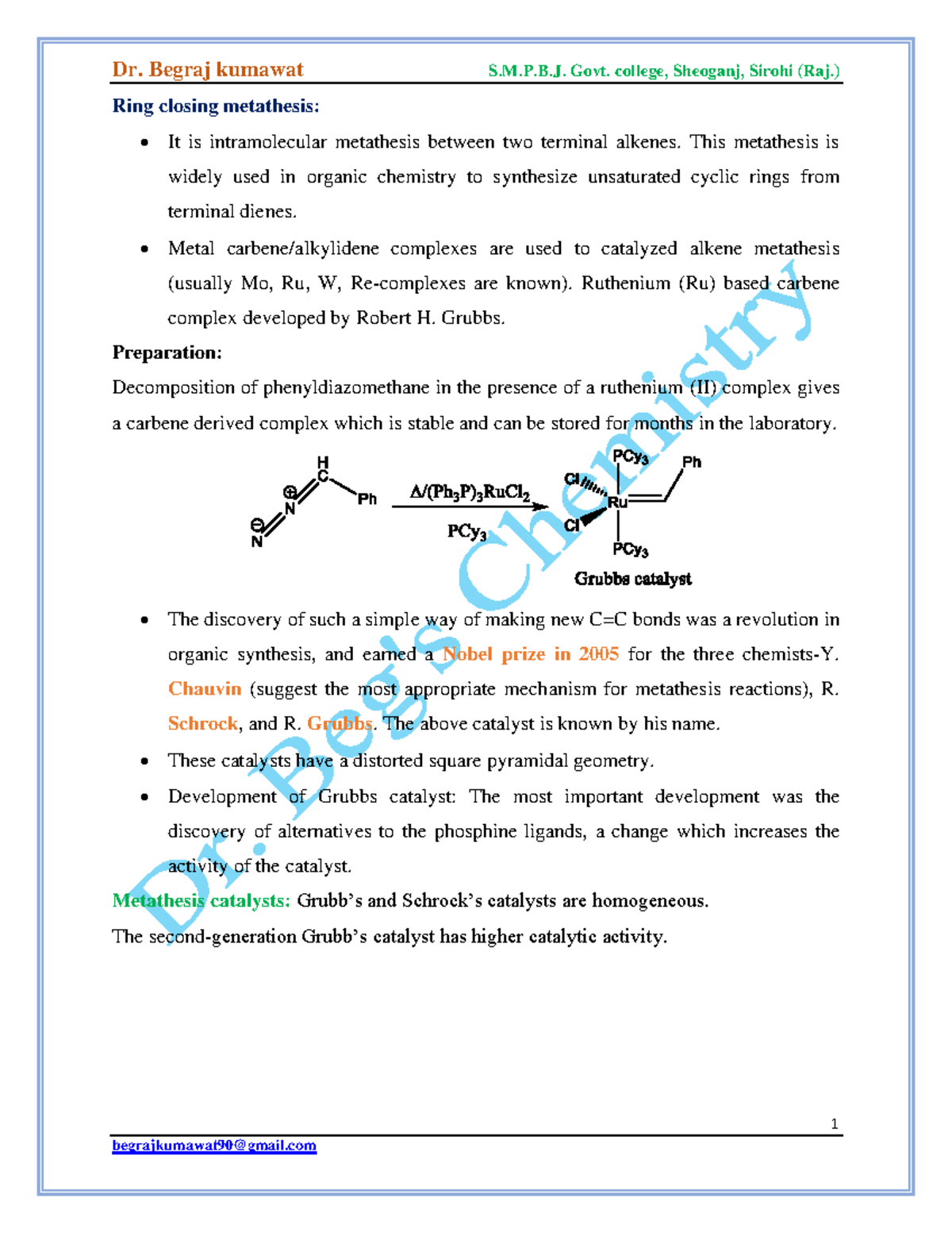 Alkene Metathesis-2 - OrganoMetallic Chemistry - 1 Ring closing ...