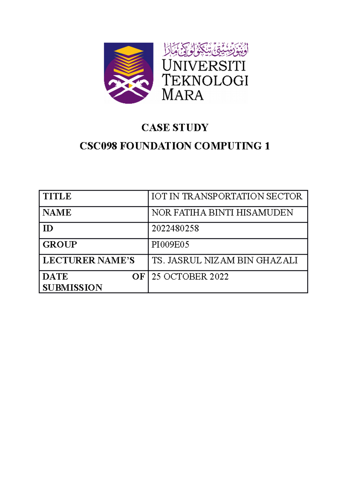 Io T in transportation (fatiha) - CASE STUDY CSC098 FOUNDATION ...
