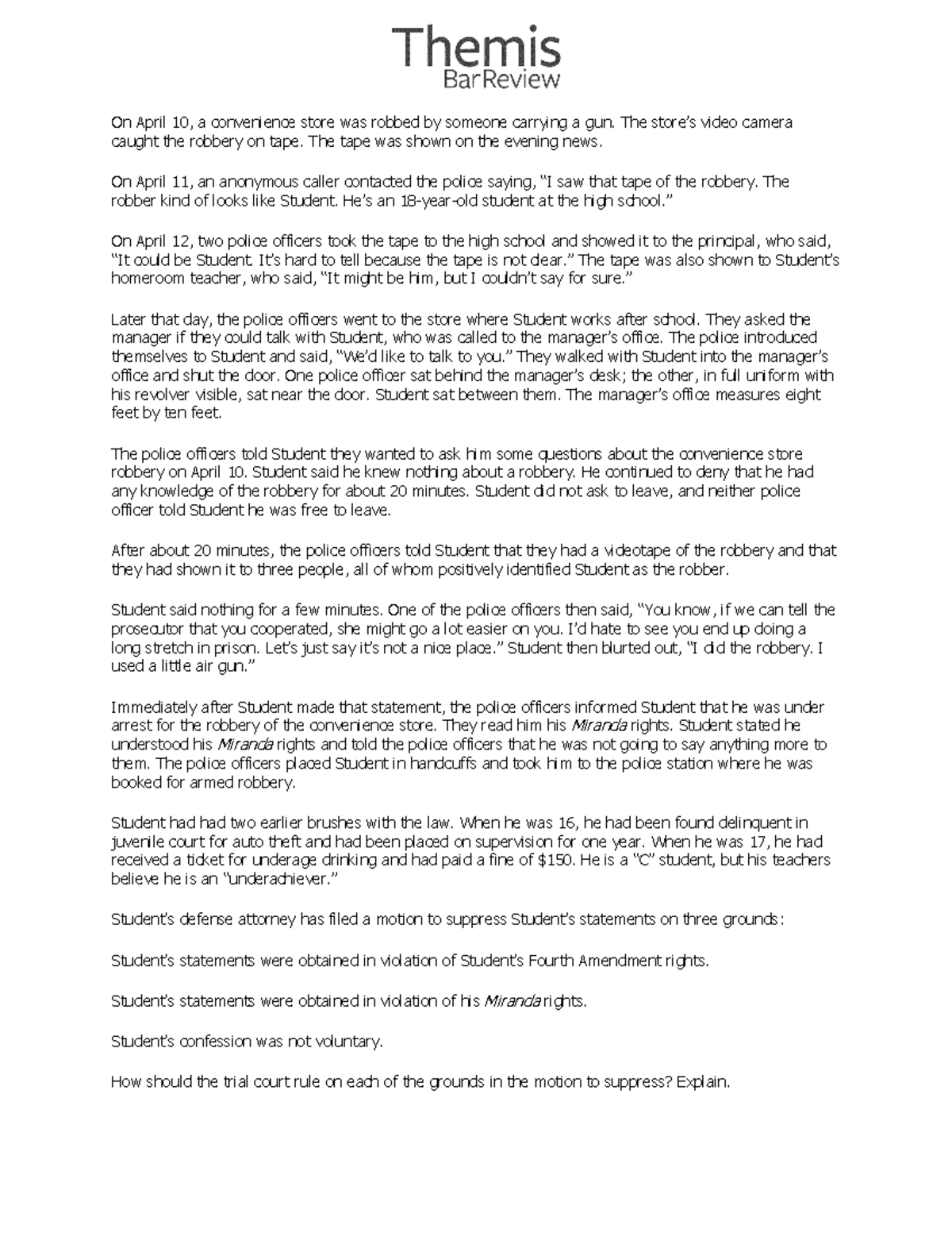 BAM Criminal Procedure Practice MEE Question + Sample Answer (Student ...