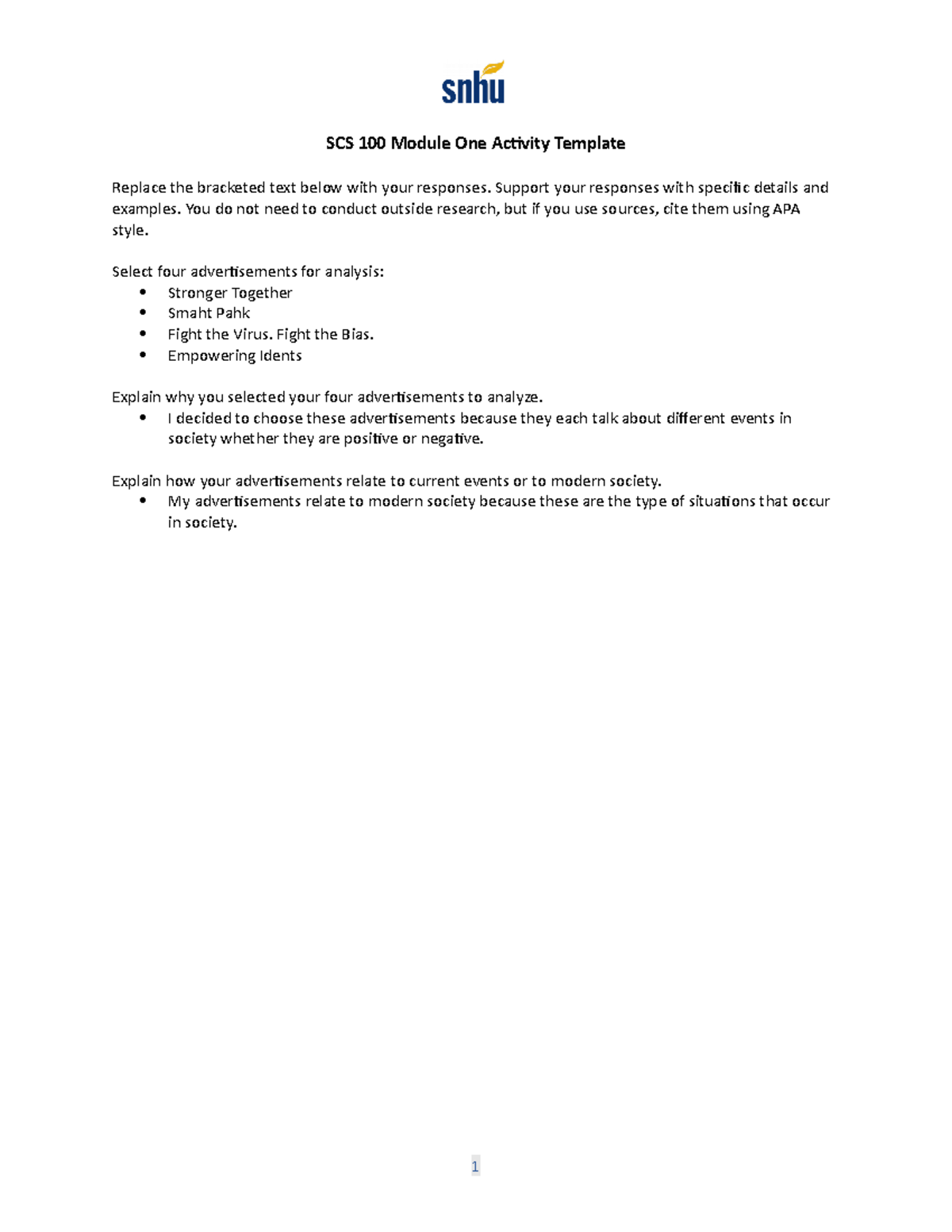 SCS 100 Module One Activity Template - SCS 100 Module One Activity ...