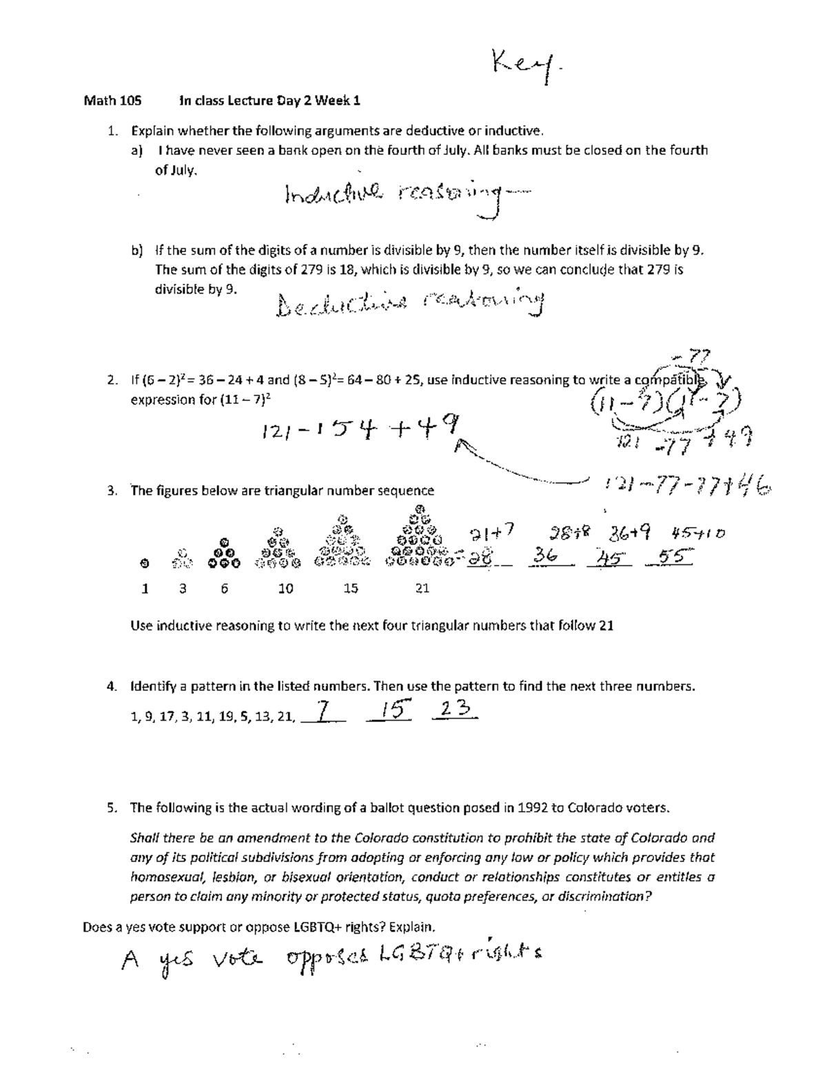 Key for in class Day 2 week 1 Lecture - MATH 105 - Studocu