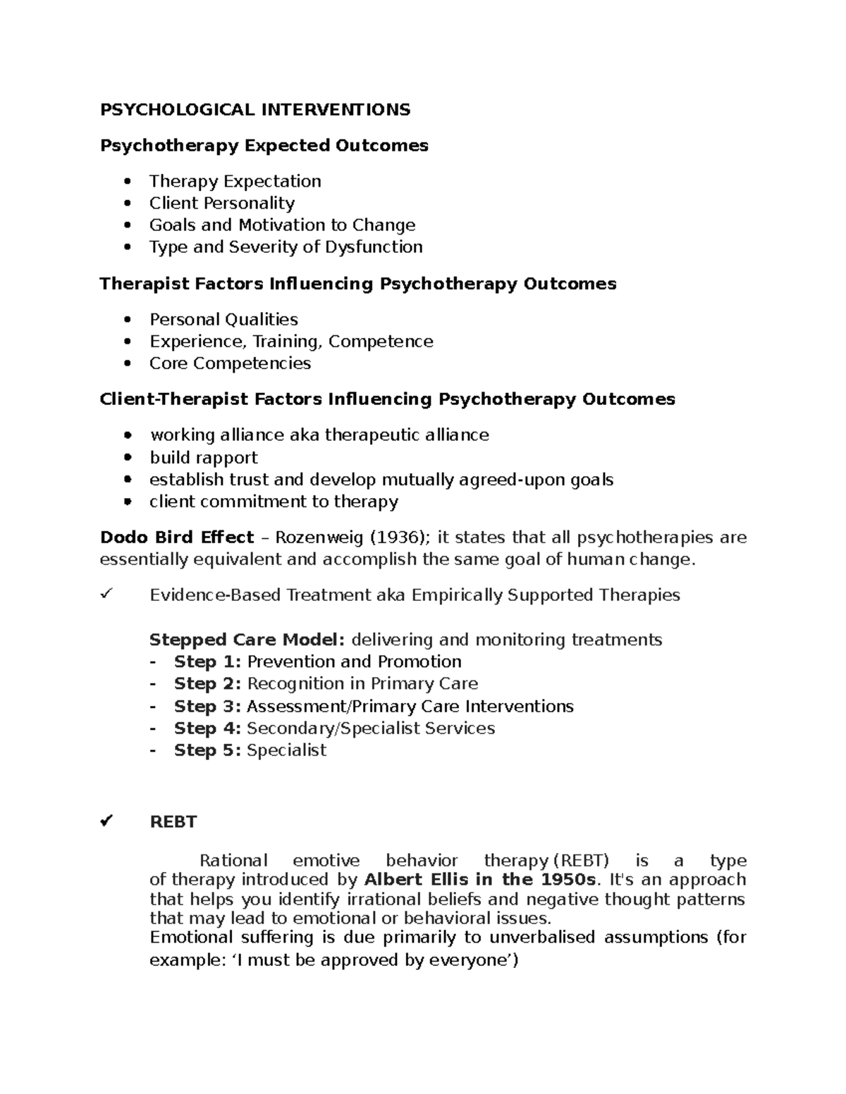 Notes - 1234 - PSYCHOLOGICAL INTERVENTIONS Psychotherapy Expected ...