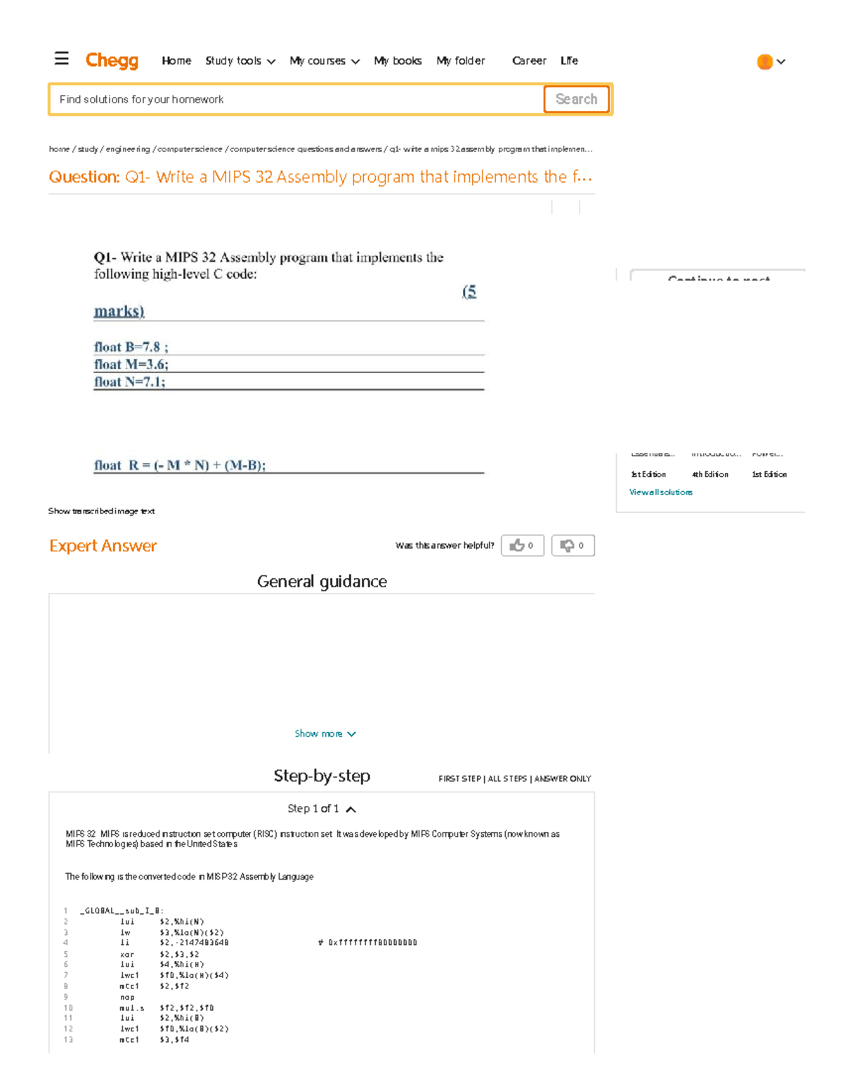 Q1- Write A MIPS 32 Assembly Program That Implemen... Chegg - home / study / engineering ...