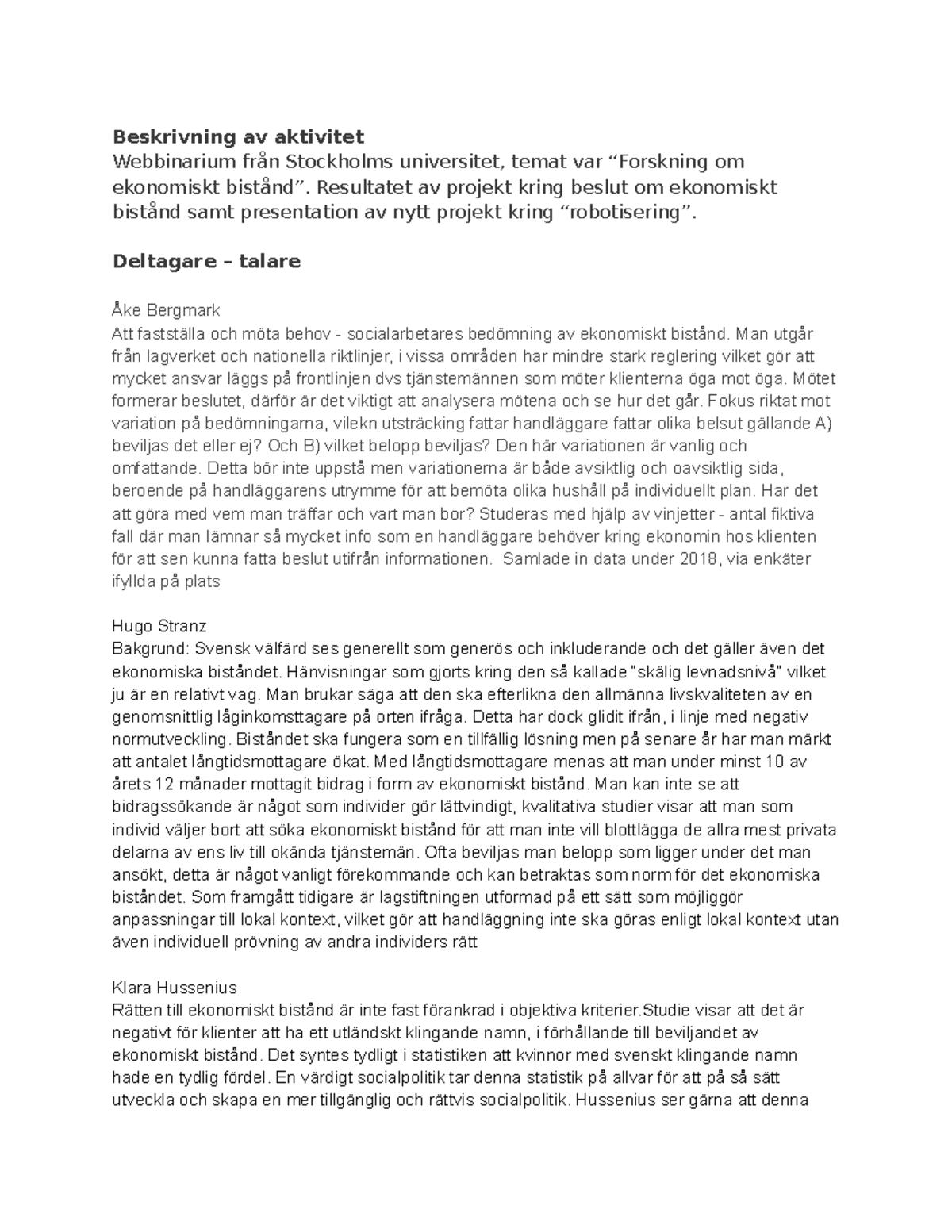 T3 Ekonomiskt Bistånd - Beskrivning av aktivitet Webbinarium från ...