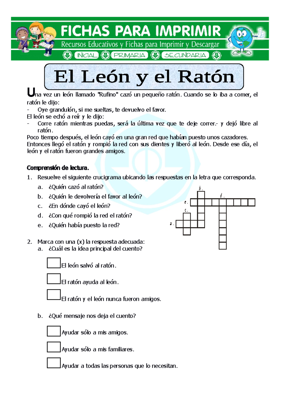 Ficha El León y el Ratón para Tercero de Primaria - Una vez un león ...