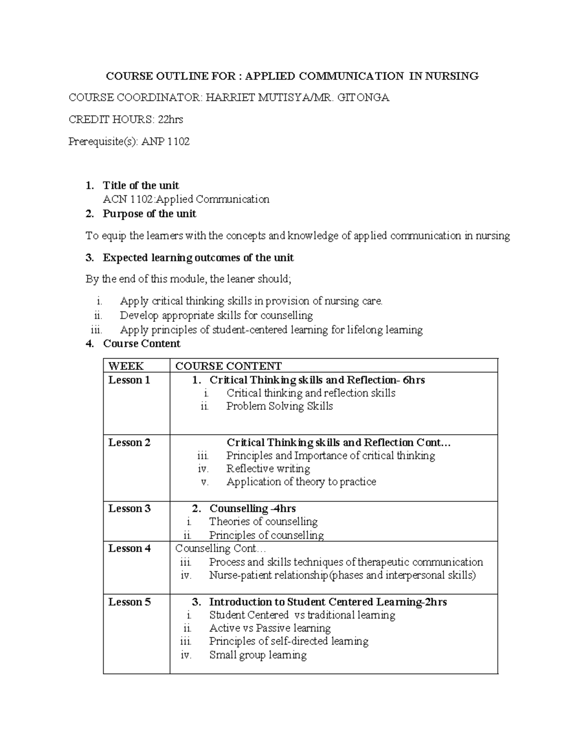 Applied Communication in Nursing;Course Outline - COURSE OUTLINE FOR ...