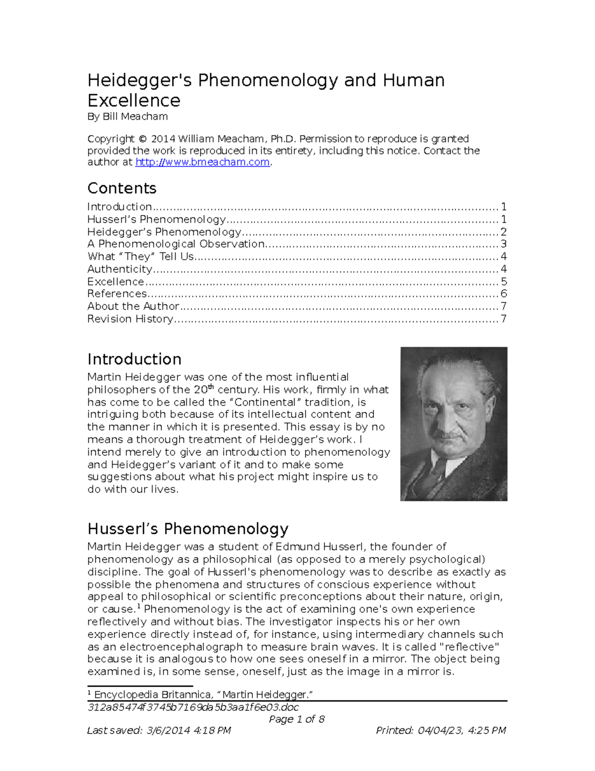 Heidegger's Phenomenology and Human Excellence - Heidegger's Phenomenology and Human Excellence ...