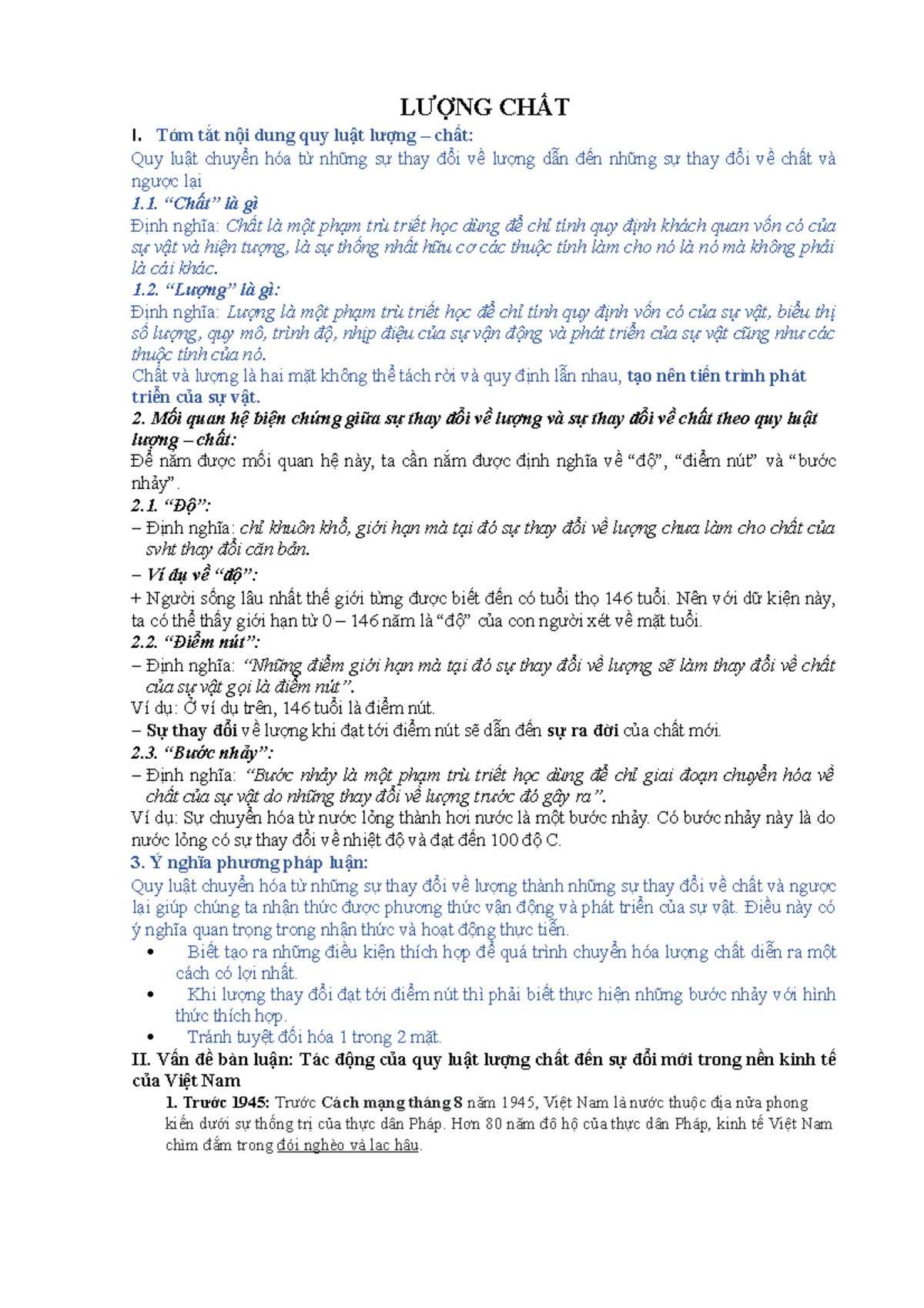Triết-QLLC - TRiết 1 - LƯỢNG CHẤT I. Tóm tắt nội dung quy luật lượng ...