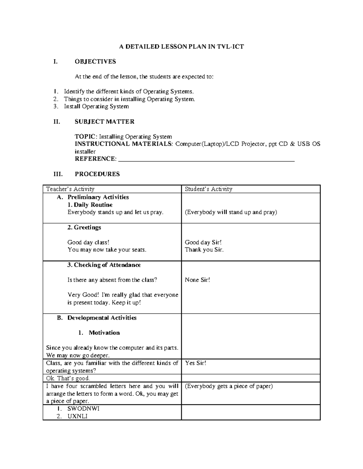 Detailed lesson plan - A DETAILED LESSON PLAN IN TVL-ICT I. OBJECTIVES ...