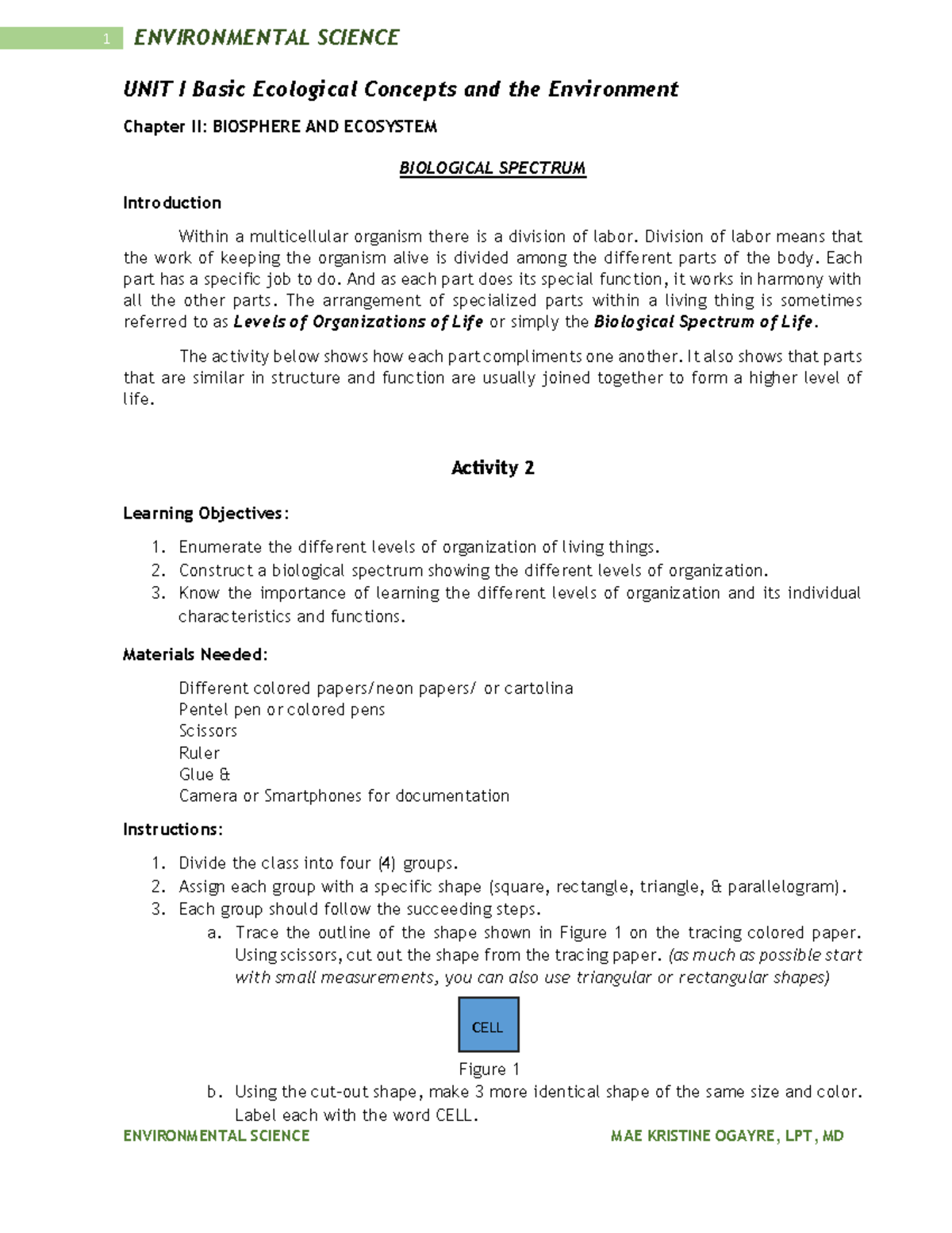 Biological Spectrum Activity for BSTM - ENVIRONMENTAL SCIENCE MAE ...