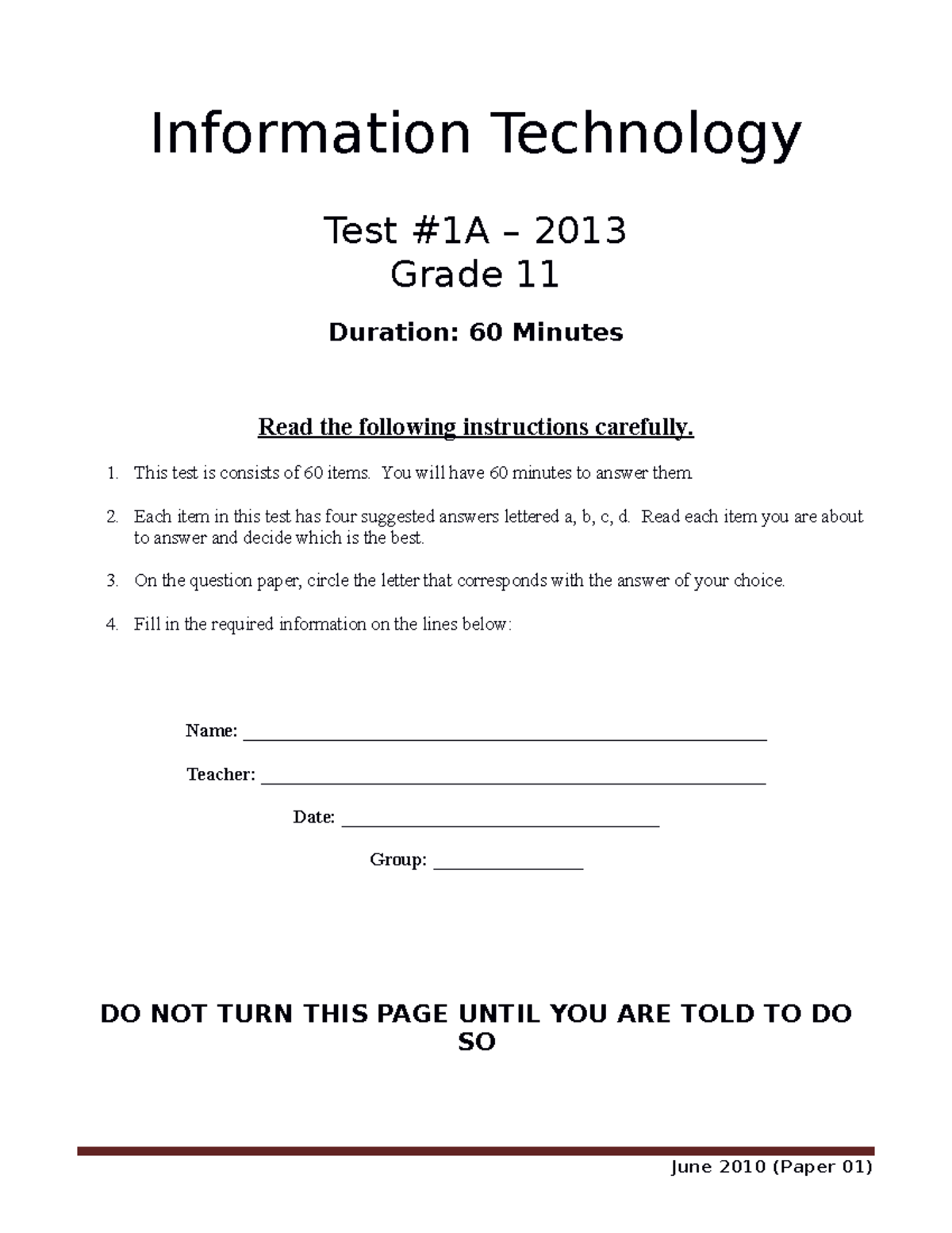 2010 June Paper 01 - LJLJHGKG - Information Technology Test #1A – 2013 ...