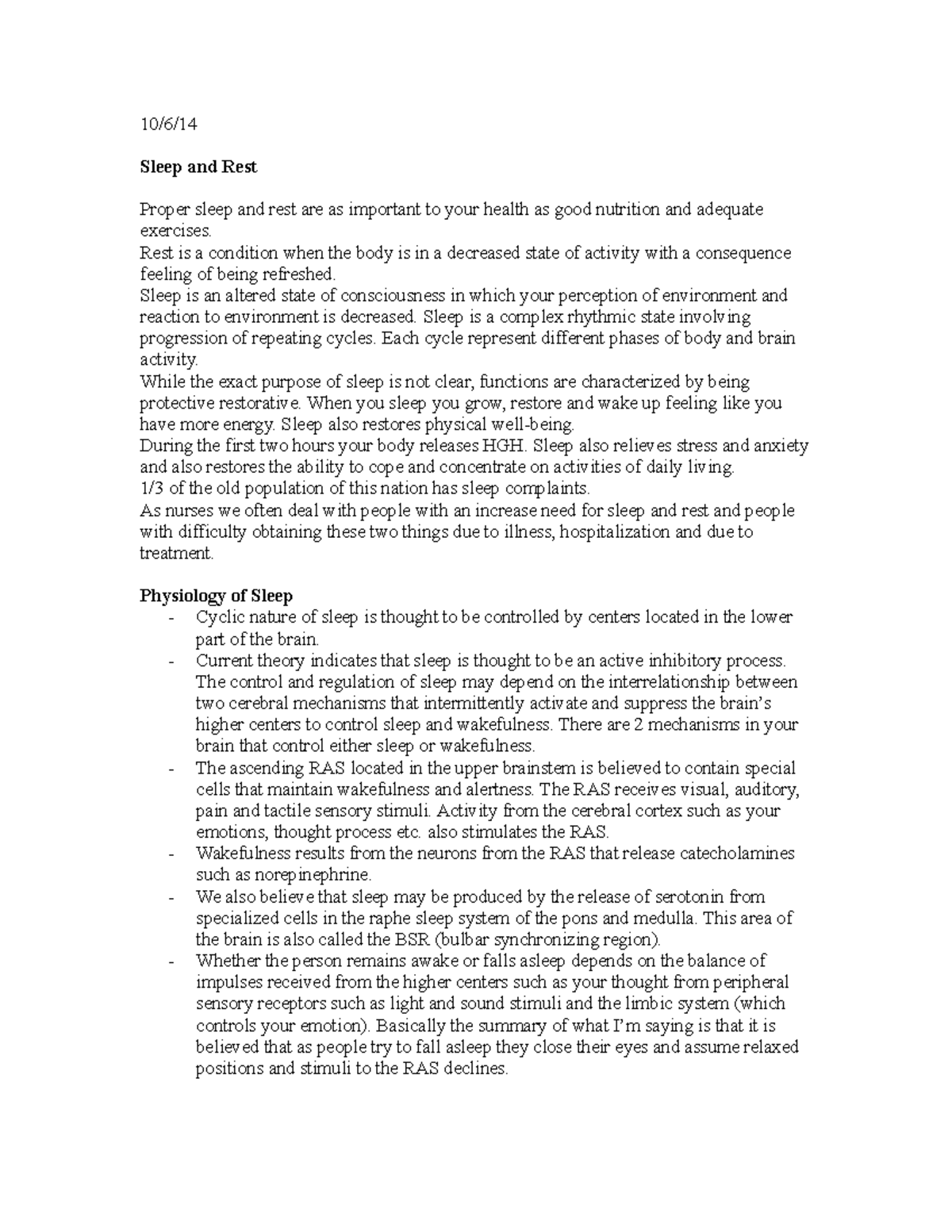 Sleep and Rest - notes - 10/6/ Sleep and Rest Proper sleep and rest are ...