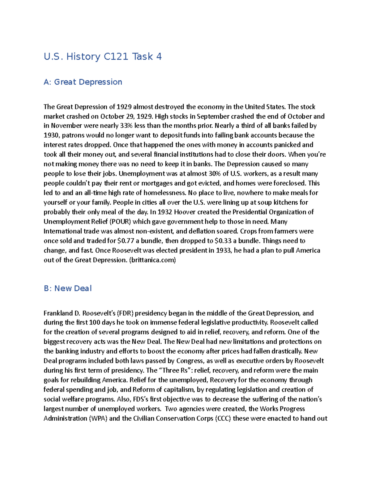 History Task 4 - U. History C121 Task 4 A: Great Depression The Great ...