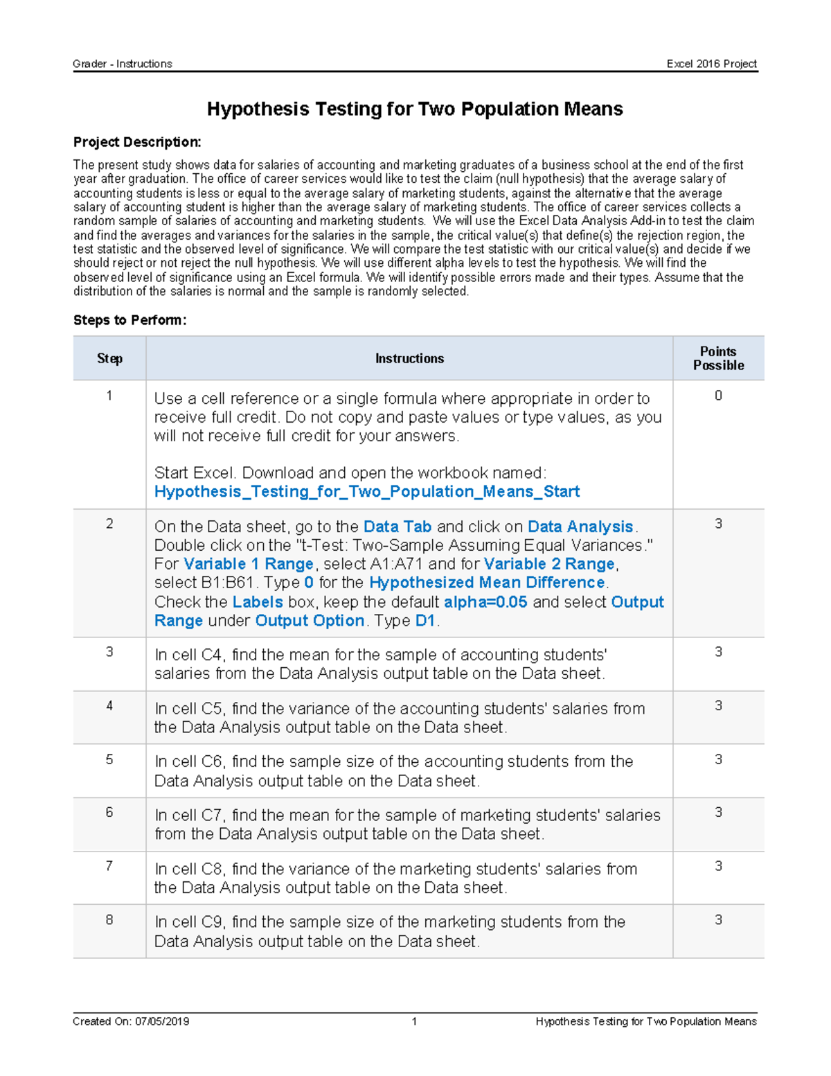 Hypothesis Testing for Two Population Means Instructions - Grader ...
