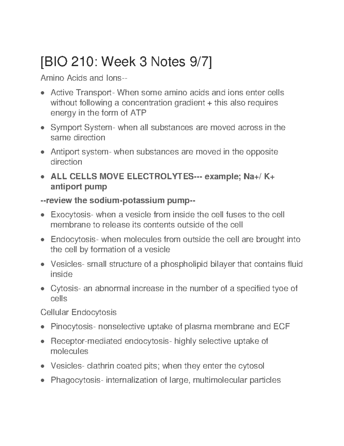 BIO 210 Week 3 Notes - Amino Acids and ions, cellular endocytosis, the ...