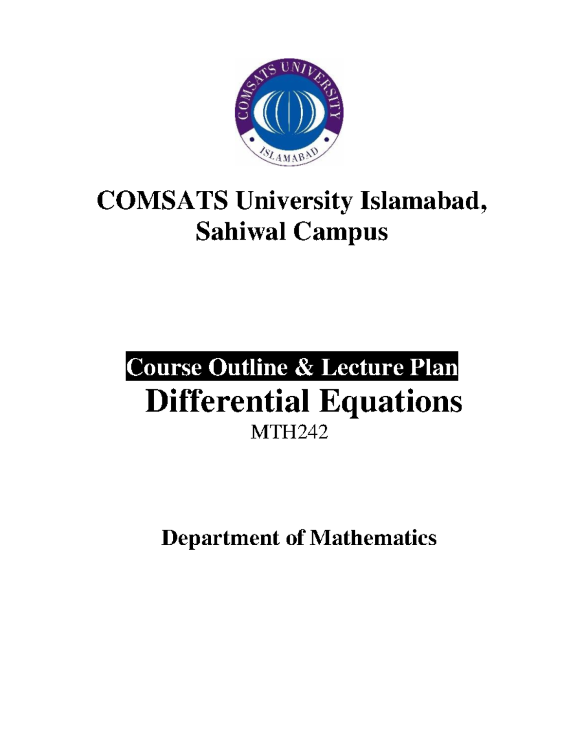 Differential Equations Lecture Plan - COMSATS University Islamabad ...