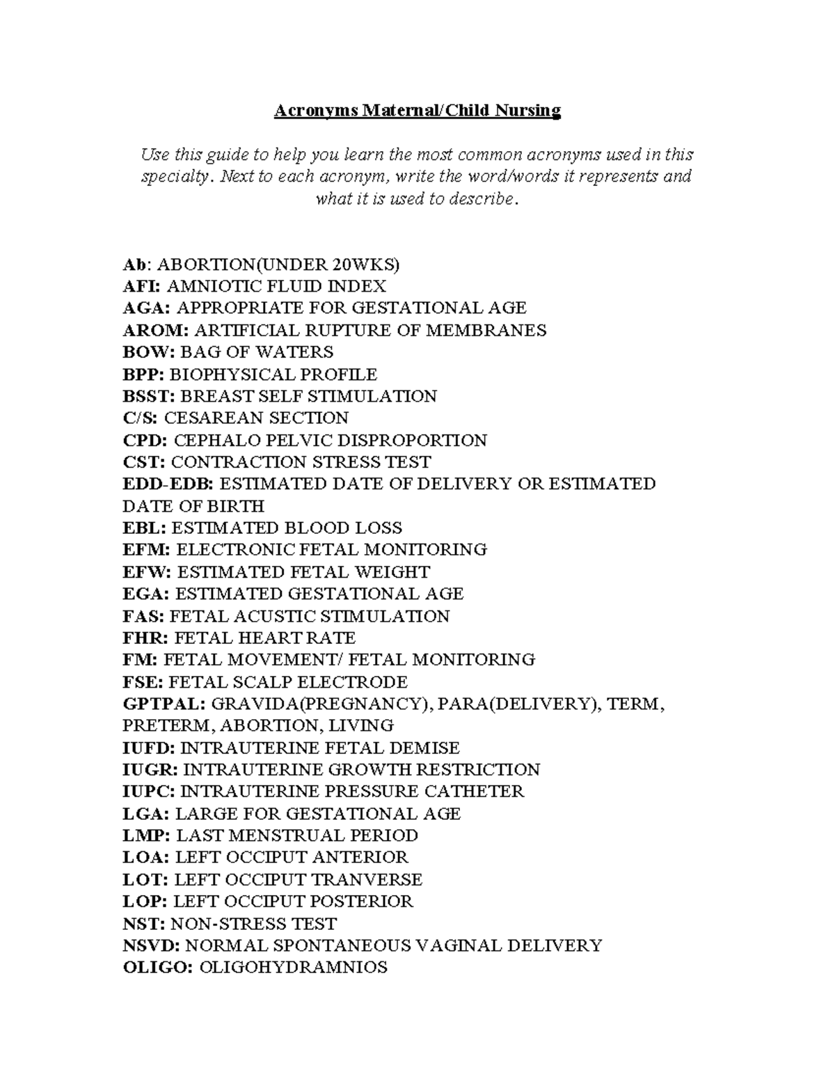 Acronyms - notes - Acronyms Maternal/Child Nursing Use this guide to ...