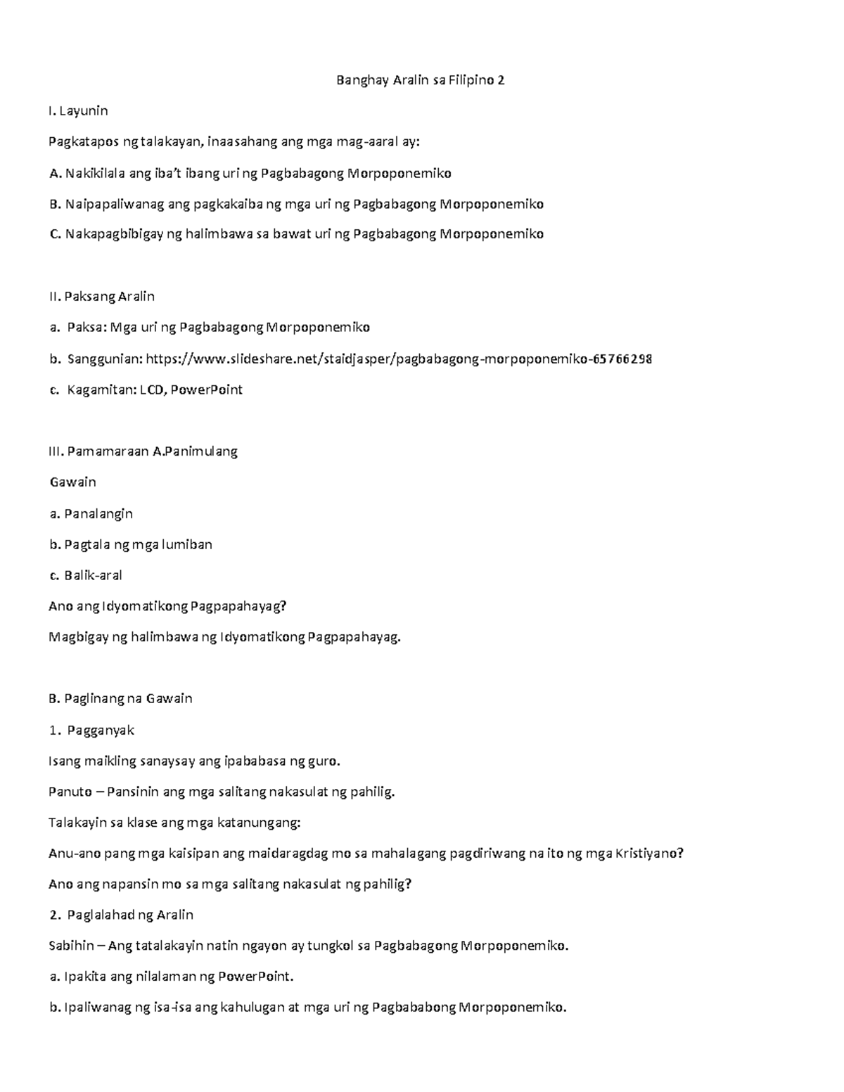 Lesson-PLAN. - IT I A LESSON PLAN - Banghay Aralin sa Filipino 2 I ...