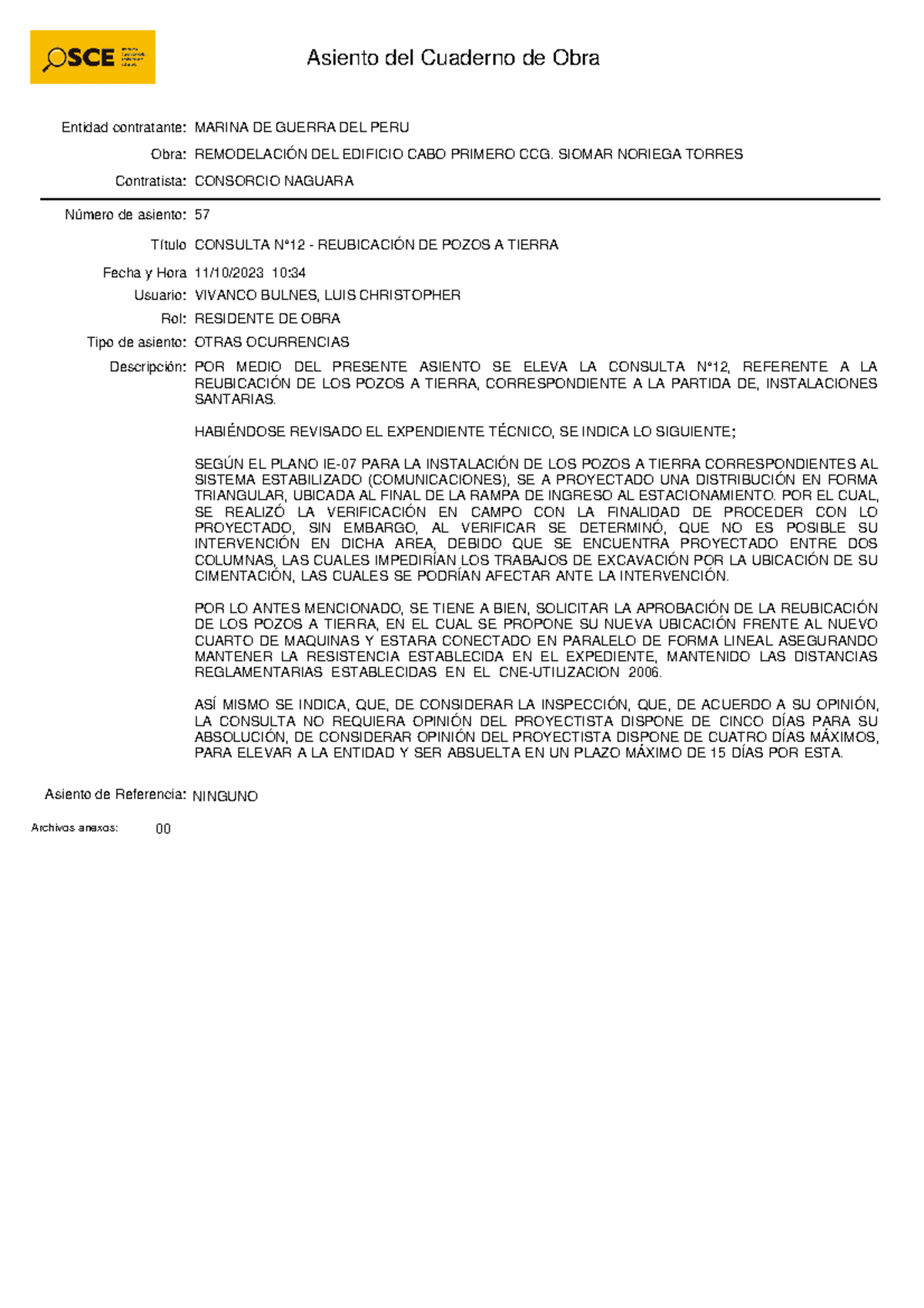 Asiento 57 Consulta N°12 - Reubicación DE Pozos A Tierra - Asiento del Cuaderno de Obra Archivos ...