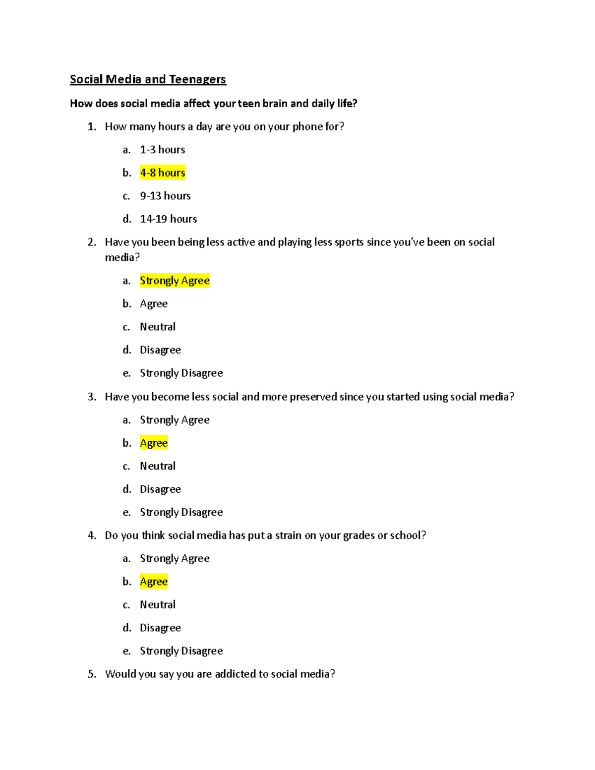 Survey #1 - notes - Social Media and Teenagers How does social media ...