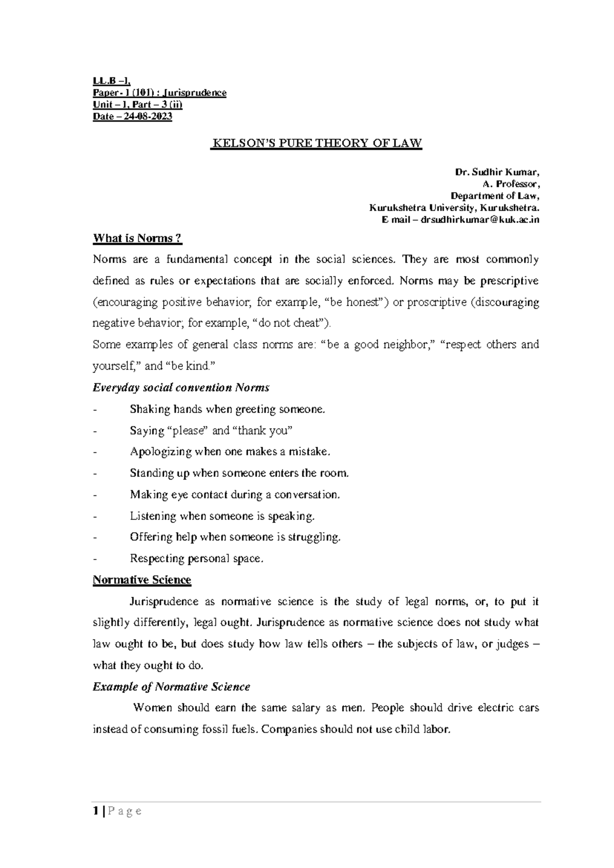 Kelson - edfedf - LL – I, Paper- I (101) : Jurisprudence Unit – I, Part – 3 (ii) Date – 24 - 08 ...