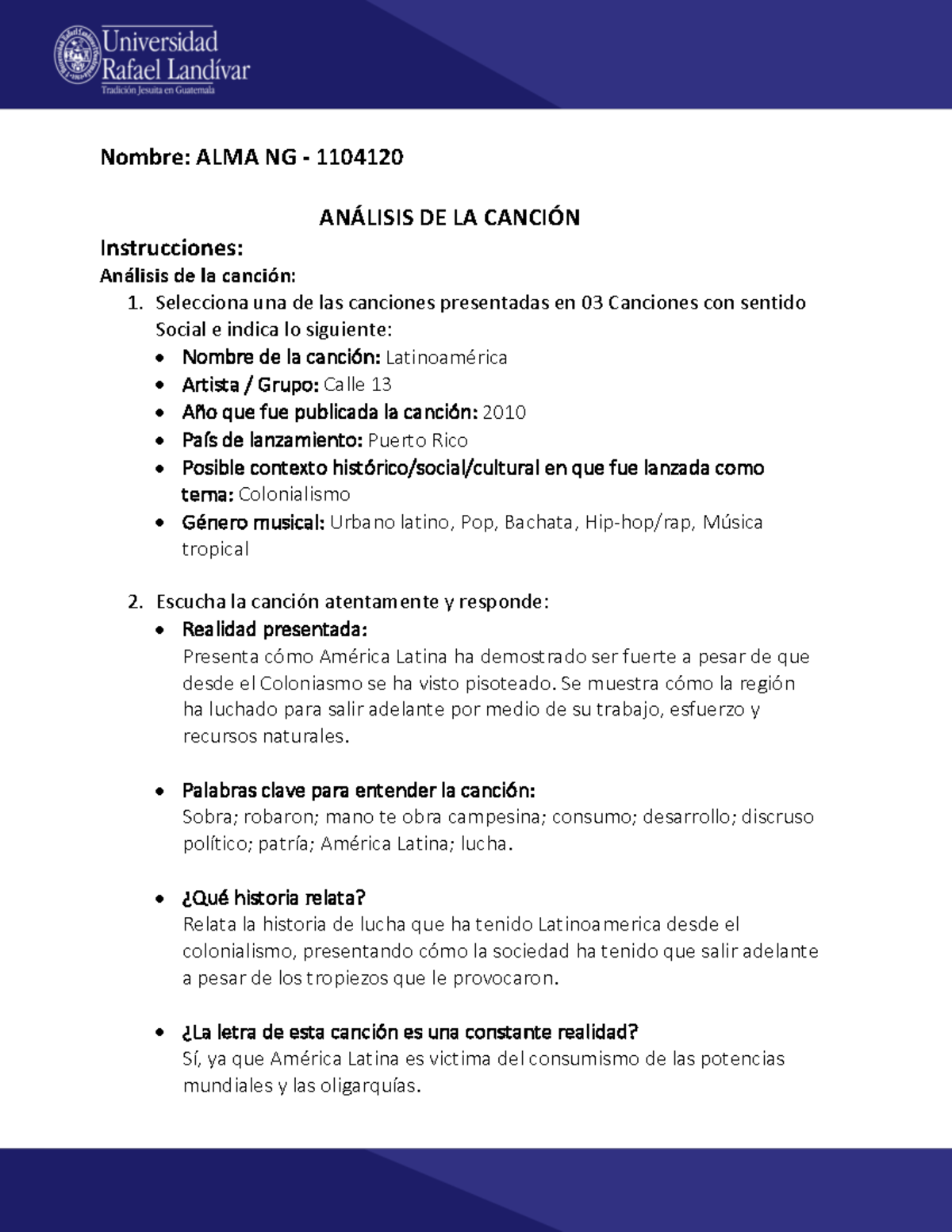 Análisis de la canción - dlc,wasñkvoljvikjvidsmvksmvoksw - Nombre: ALMA ...