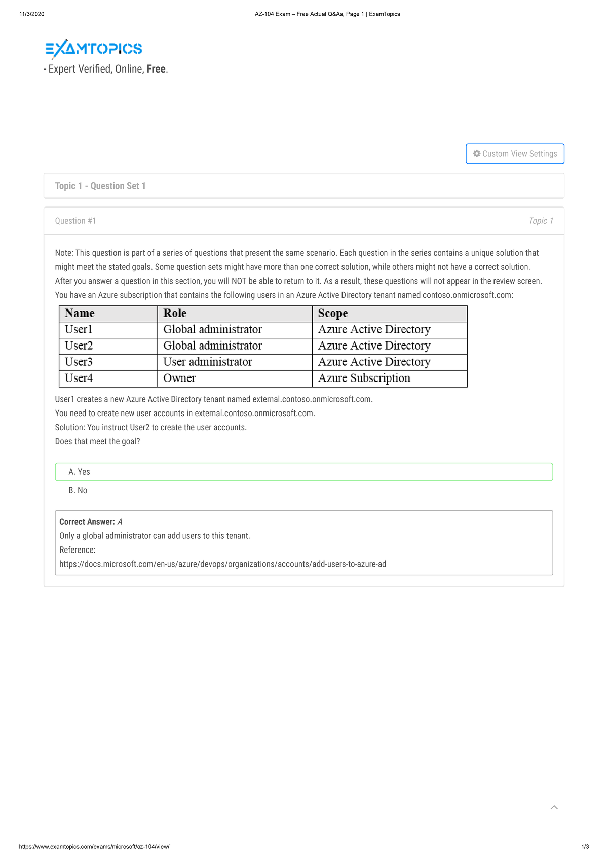 AZ-104 Exam – Free Actual Q&As, Page 1 Exam Topics - 11/3/2020 AZ-104 ...