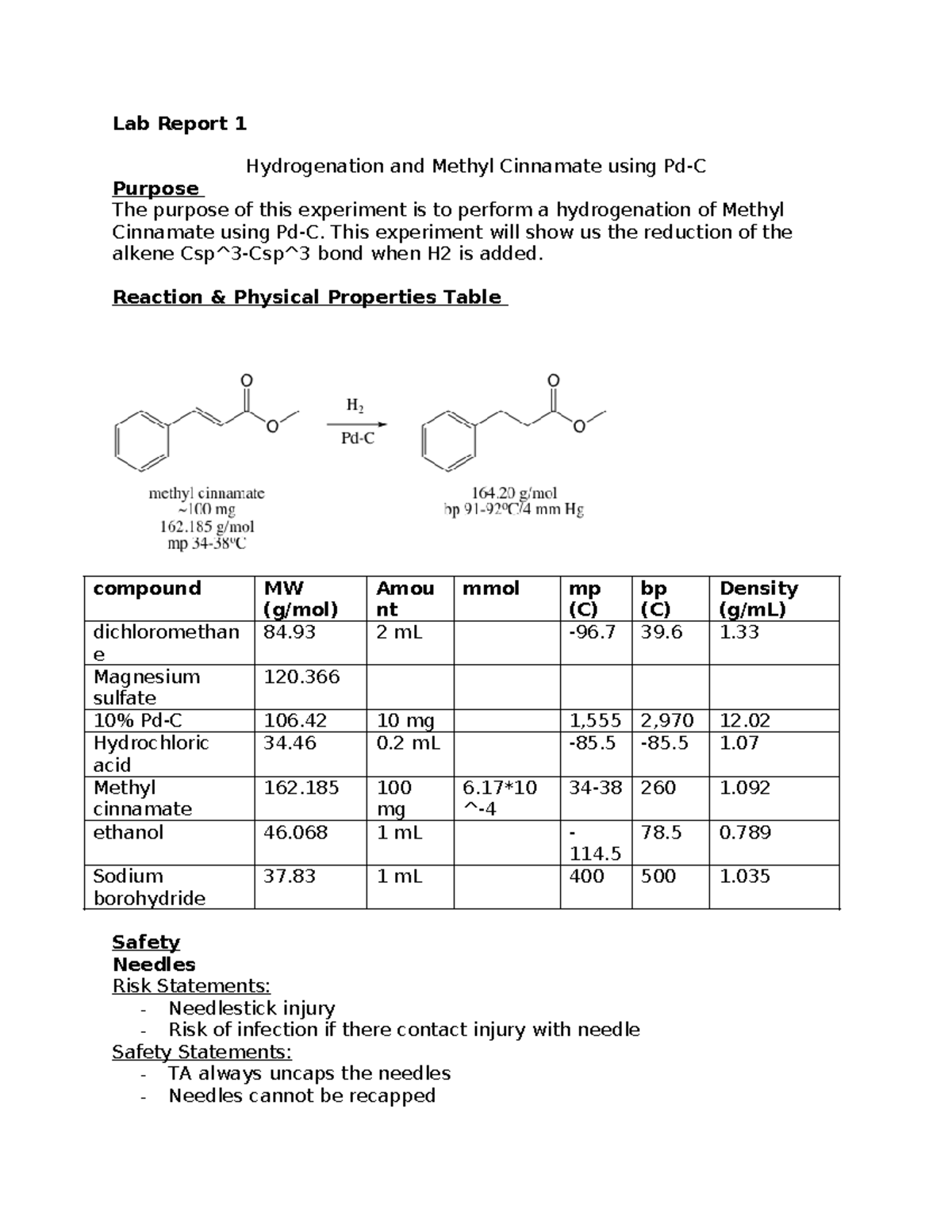 Lab Report 1 - This experiment will show us the reduction of the alkene ...