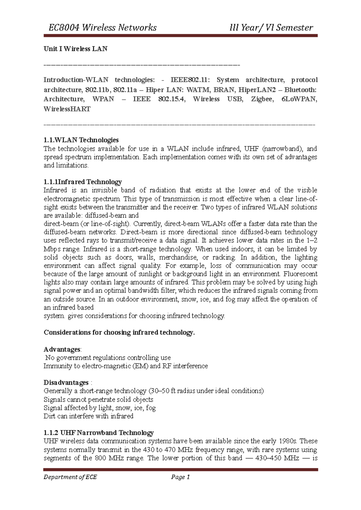 EC8004 - Wireless NEtworks -Unit I Wireless LAN notes - Unit I Wireless ...