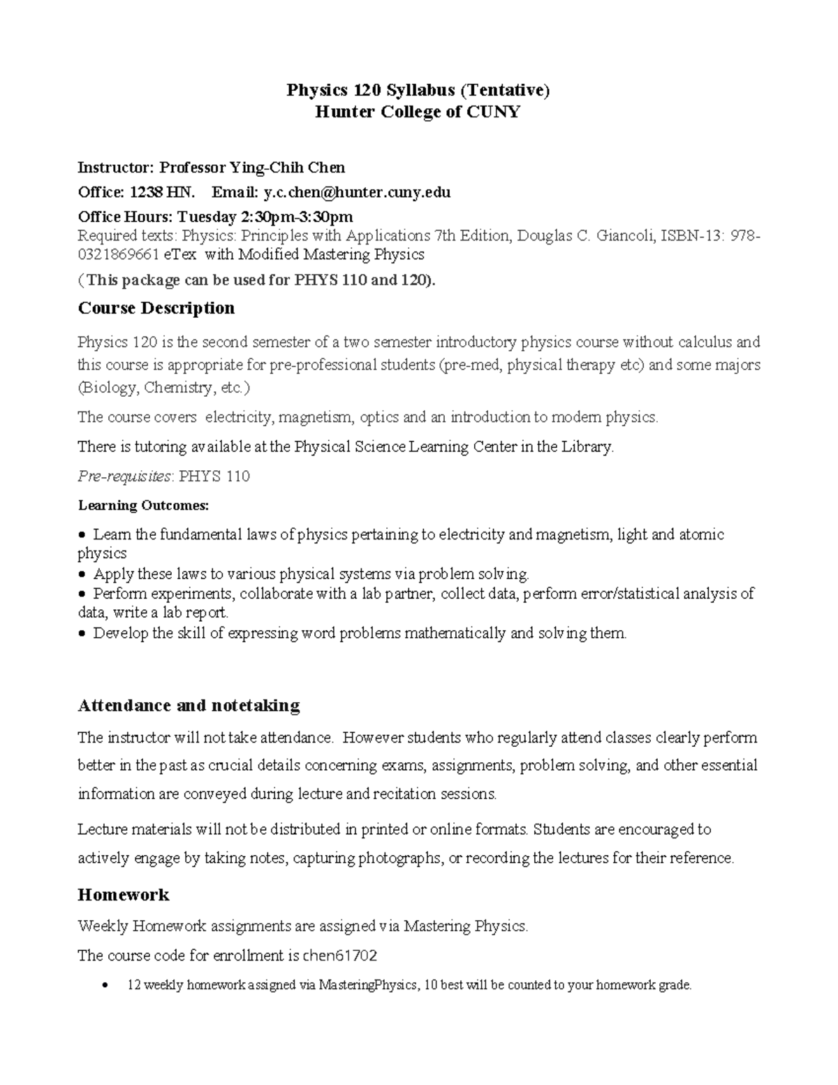 Physics 120 syllabus - Physics 120 Syllabus (Tentative) Hunter College ...