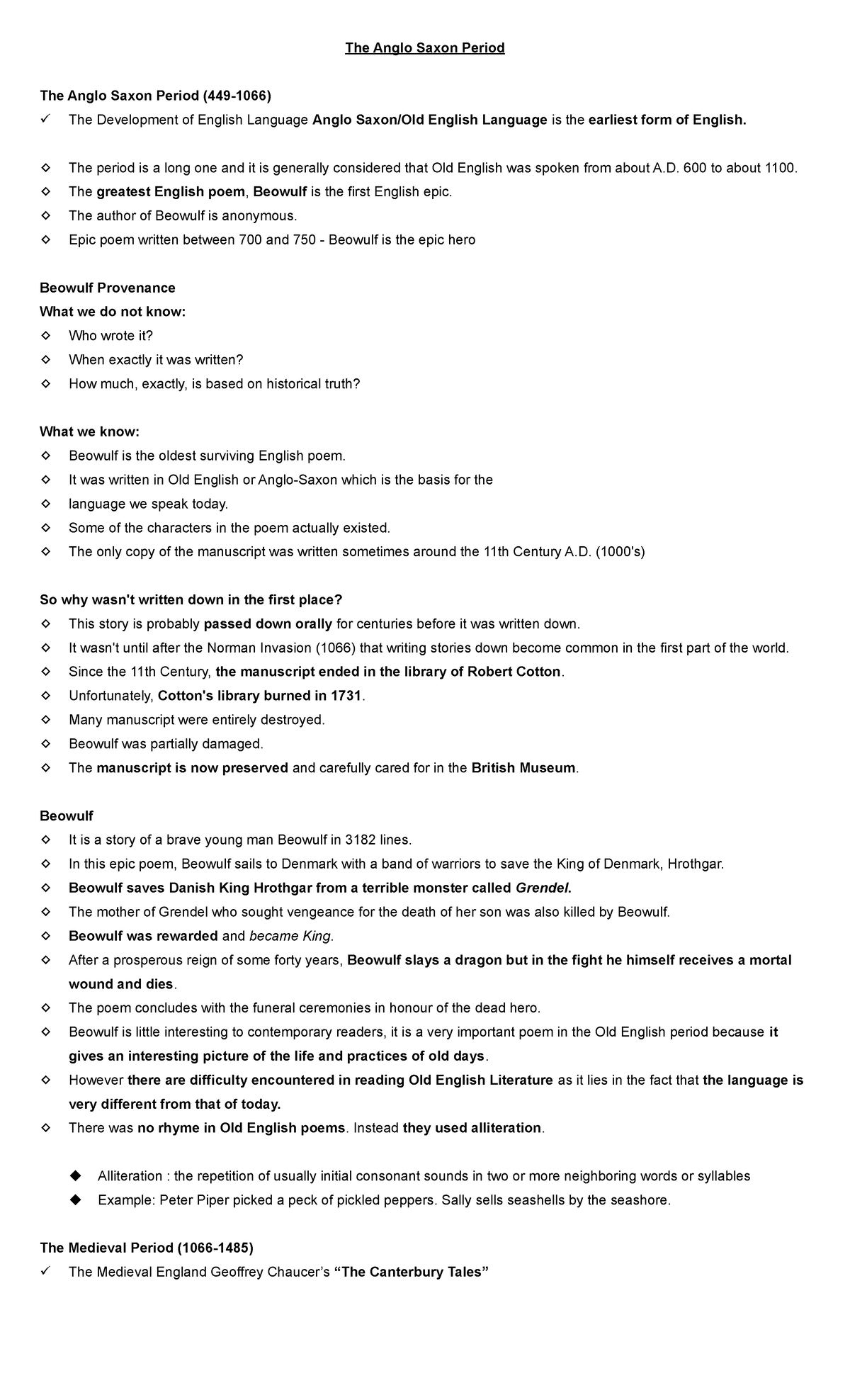 The Anglo Saxon - The period is a long one and it is generally ...