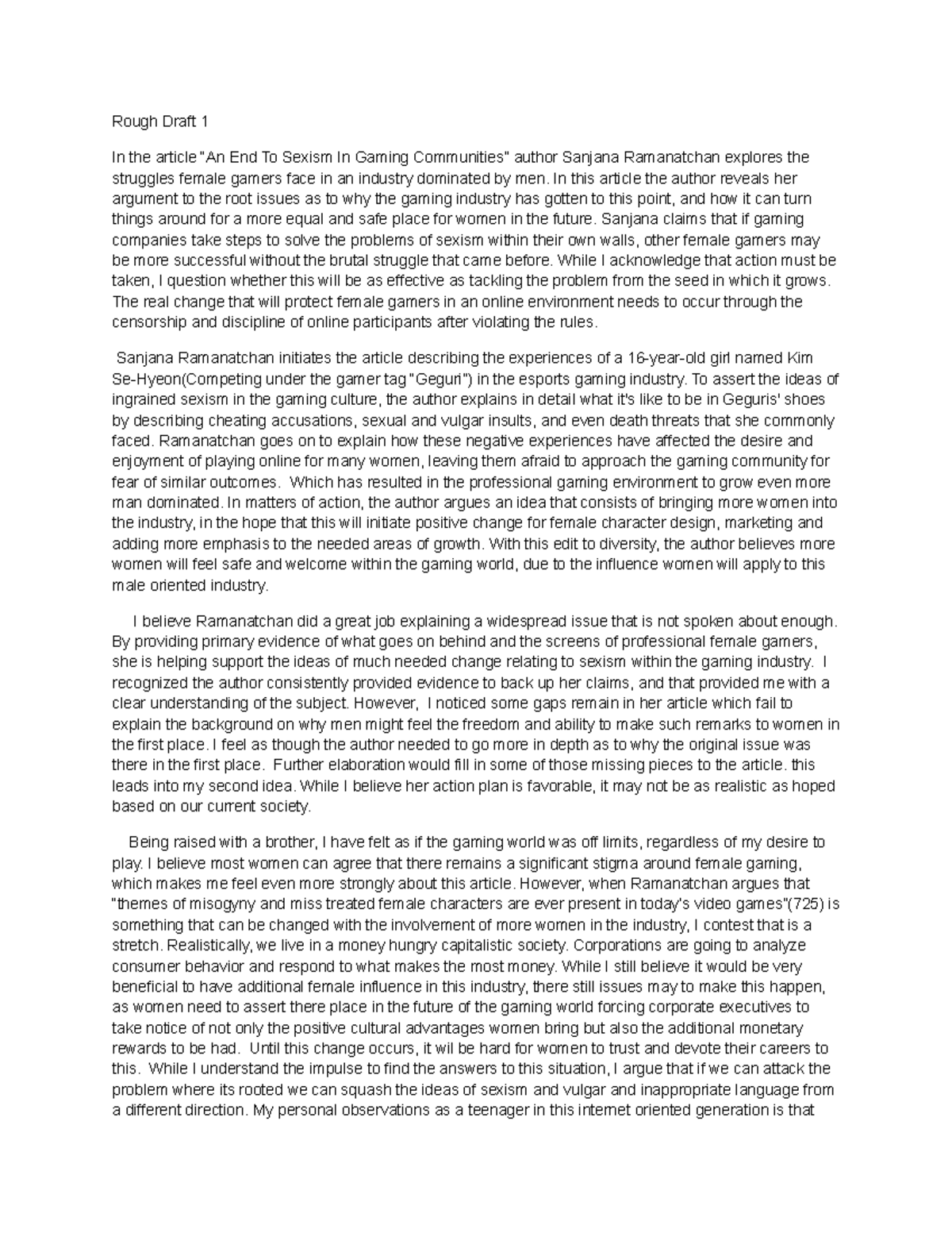 Rough Draft '6 - Rough Draft 1 In the article “An End To Sexism In ...