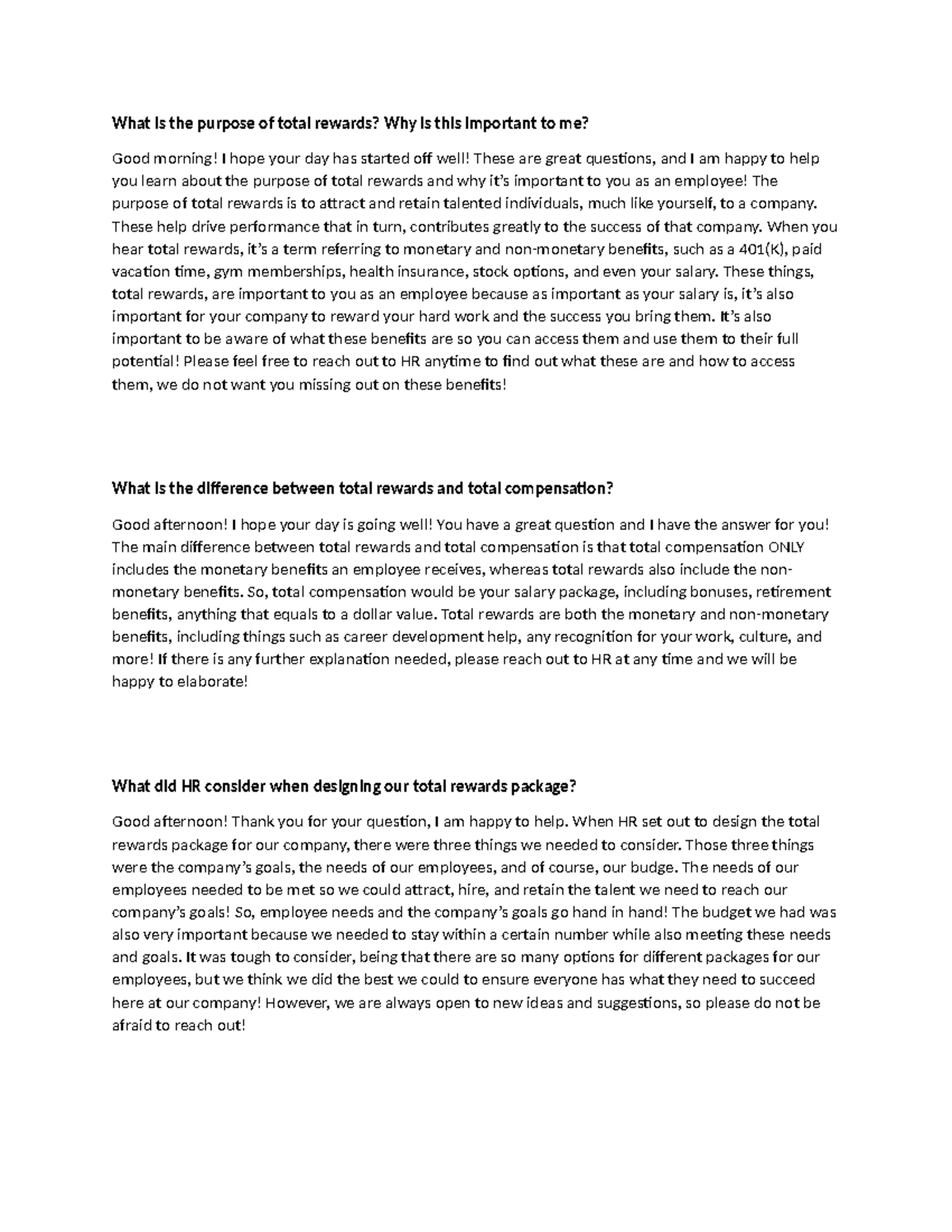 HRM 200 Module 6 HR Inbox - What is the purpose of total rewards? Why ...