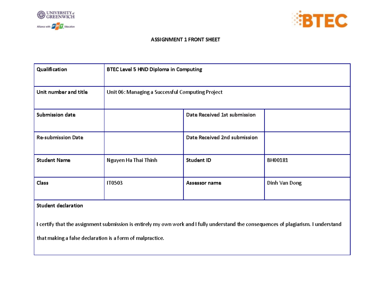 Nguyen Ha Thai Thinh MSCP ASM1 - ASSIGNMENT 1 FRONT SHEET Qualification ...