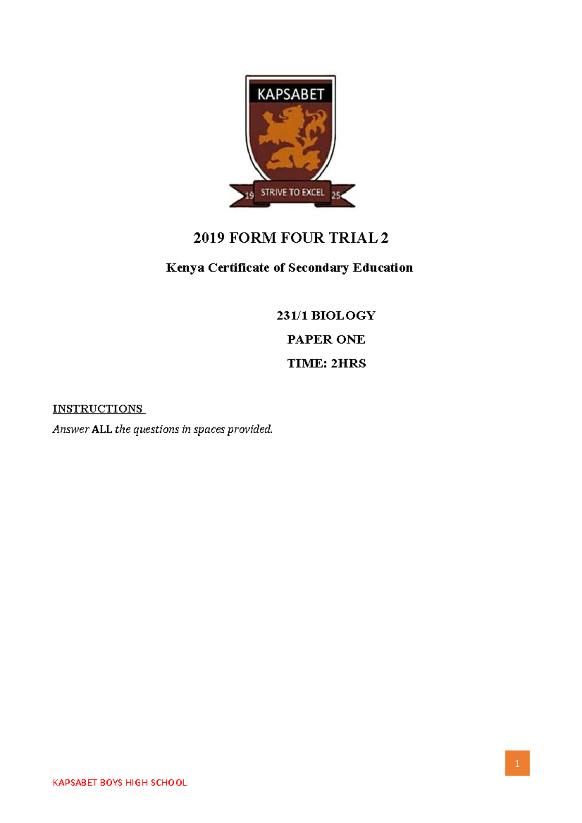 Biology-P1 - Advanced - 2019 FORM FOUR TRIAL 2 Kenya Certificate of ...