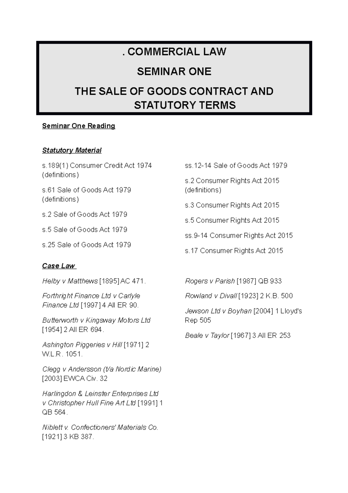 LAW318 Seminar One Worksheet copy - . COMMERCIAL LAW SEMINAR ONE THE ...