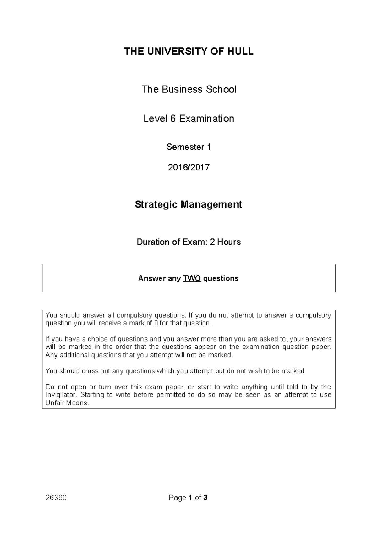 Exam 1 December 2017, questions - THE UNIVERSITY OF HULL The Business ...