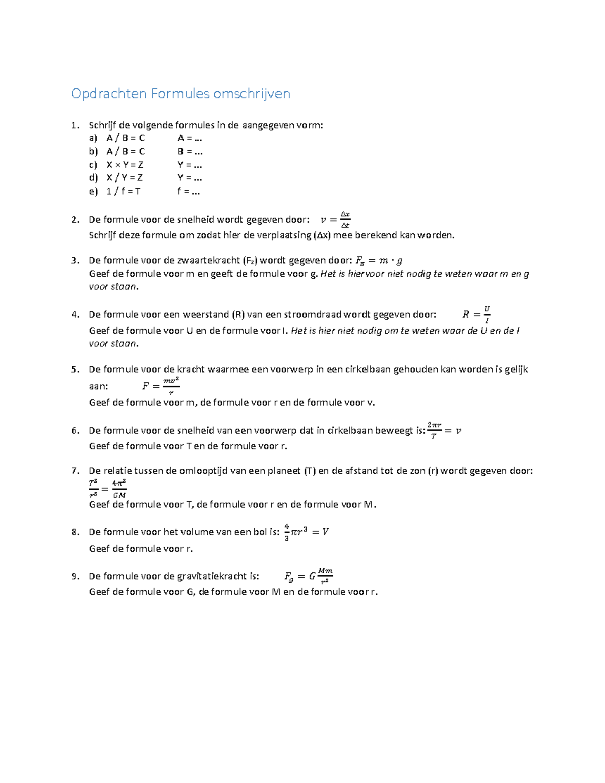 1819 Wiskunde opgaven formules omschrijven - Opdrachten Formules ...