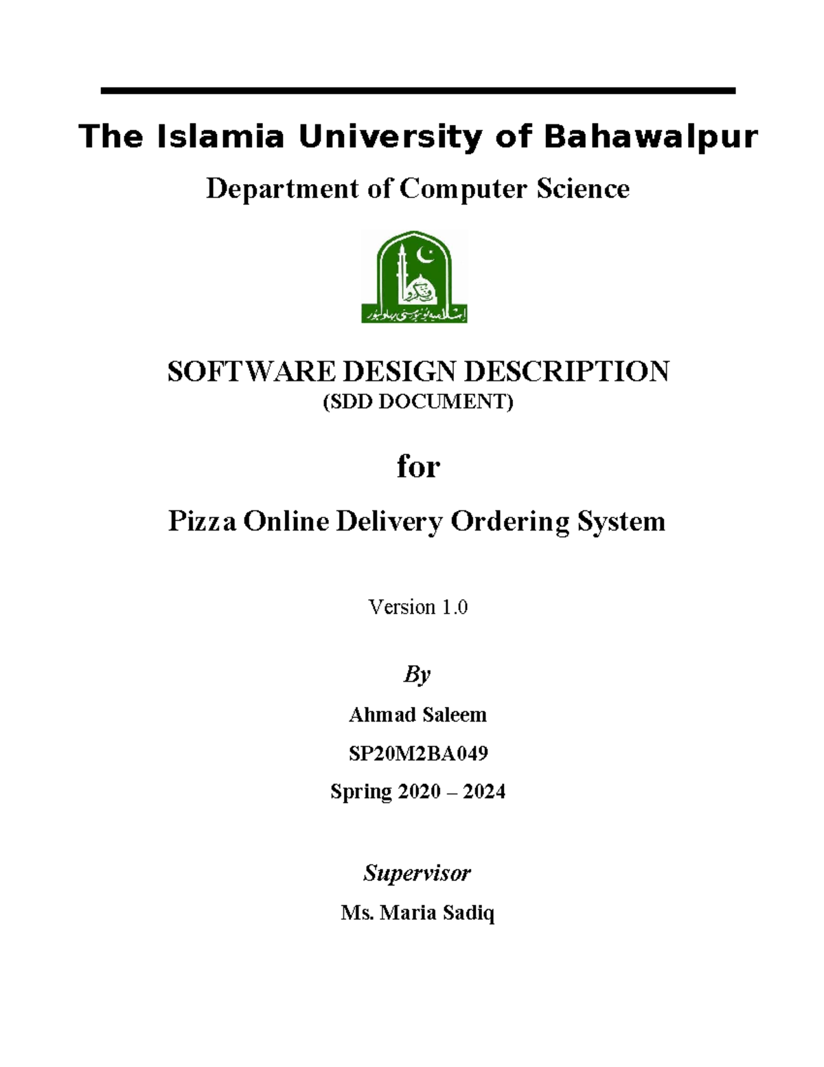 Ahmad SDD AND SRS - The Islamia University of Bahawalpur Department of ...