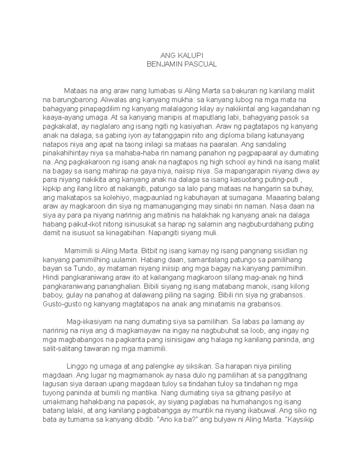 ANG Kalupi - none - ANG KALUPI BENJAMIN PASCUAL Mataas na ang araw nang ...