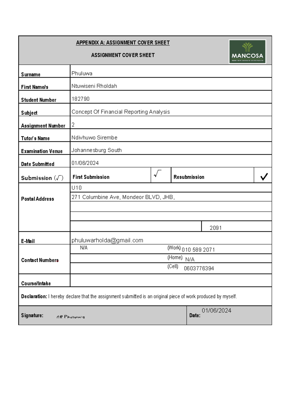Concept of Financial Reporting Case Study - APPENDIX A: ASSIGNMENT ...