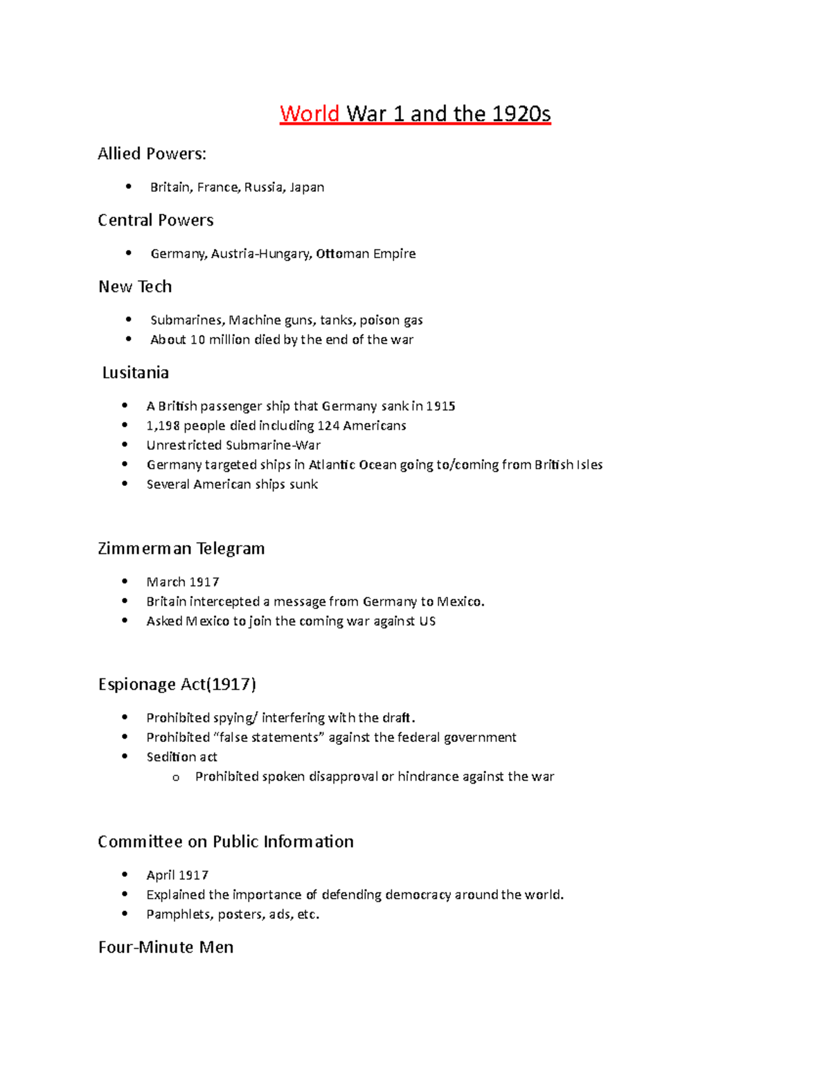 World War 1 and the 1920s - World War 1 and the 1920s Allied Powers ...