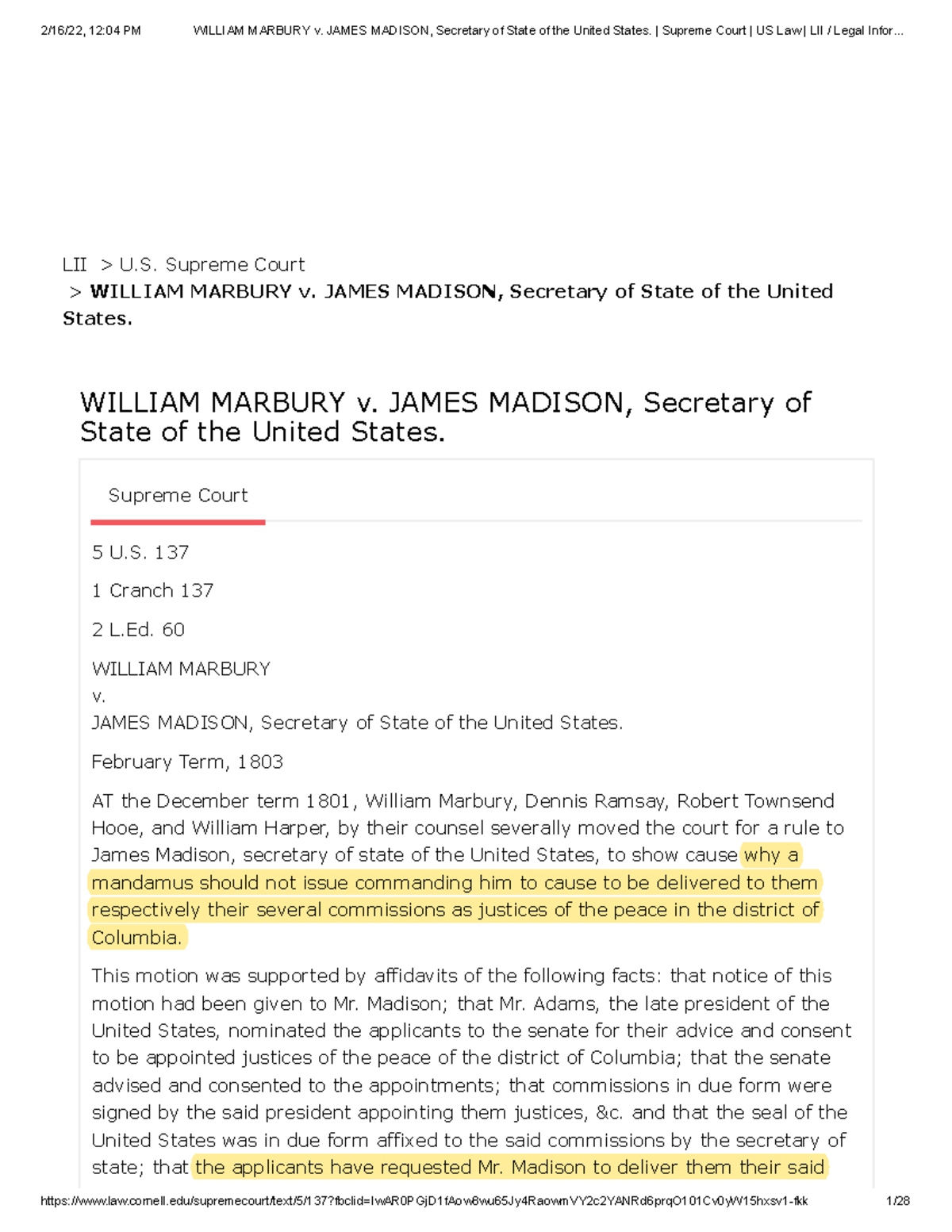 II.A Marbury v Madison, 5 US 137 - LII > U. Supreme Court > WILLIAM ...