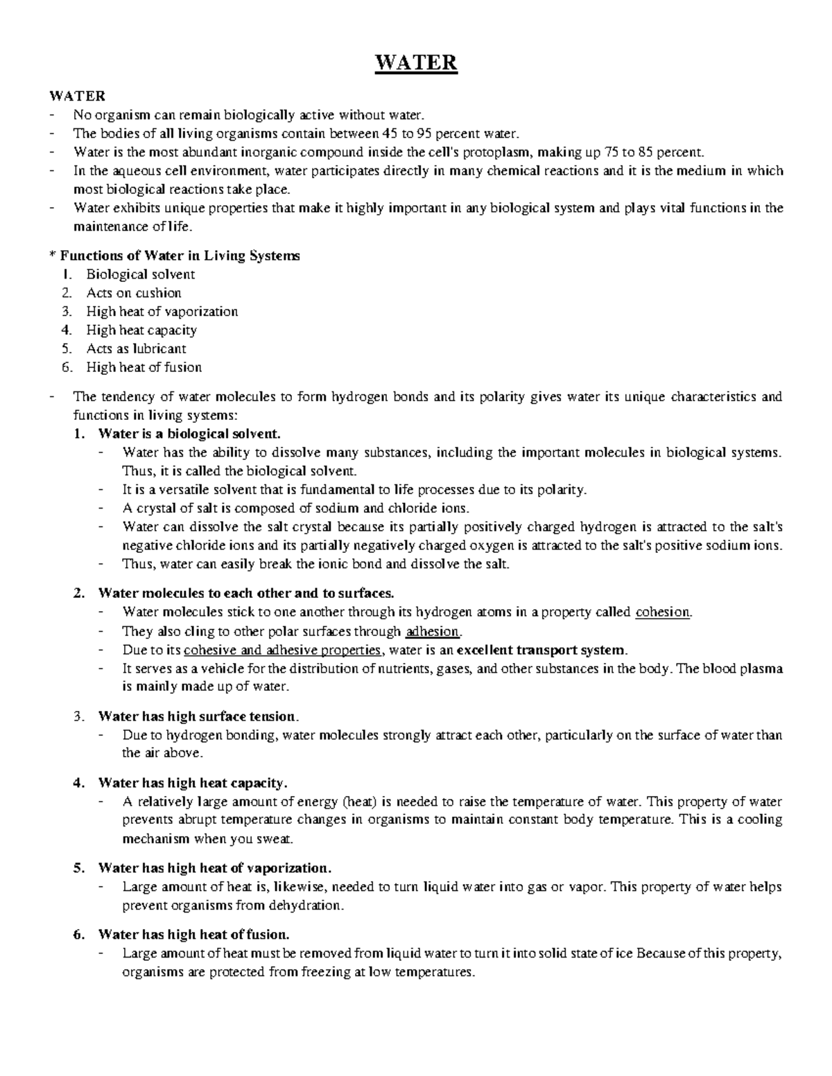 Water (Biomolecule) - Concept Notes - Molecular Biology - UPHSD - Studocu