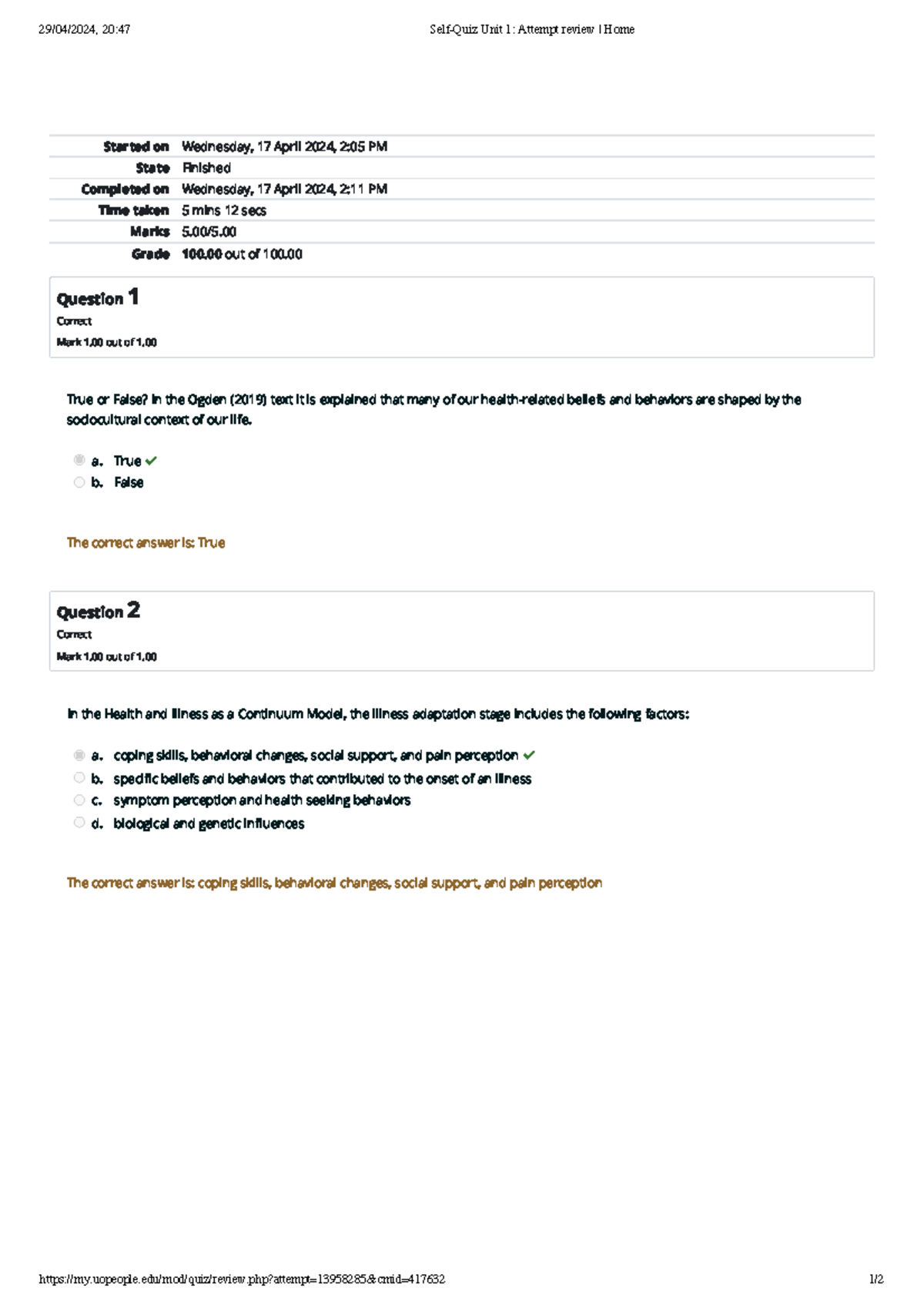 Self Quiz Unit 1 Attempt Review Home Started On Wednesday 17 April 2024 2 05 Pm State
