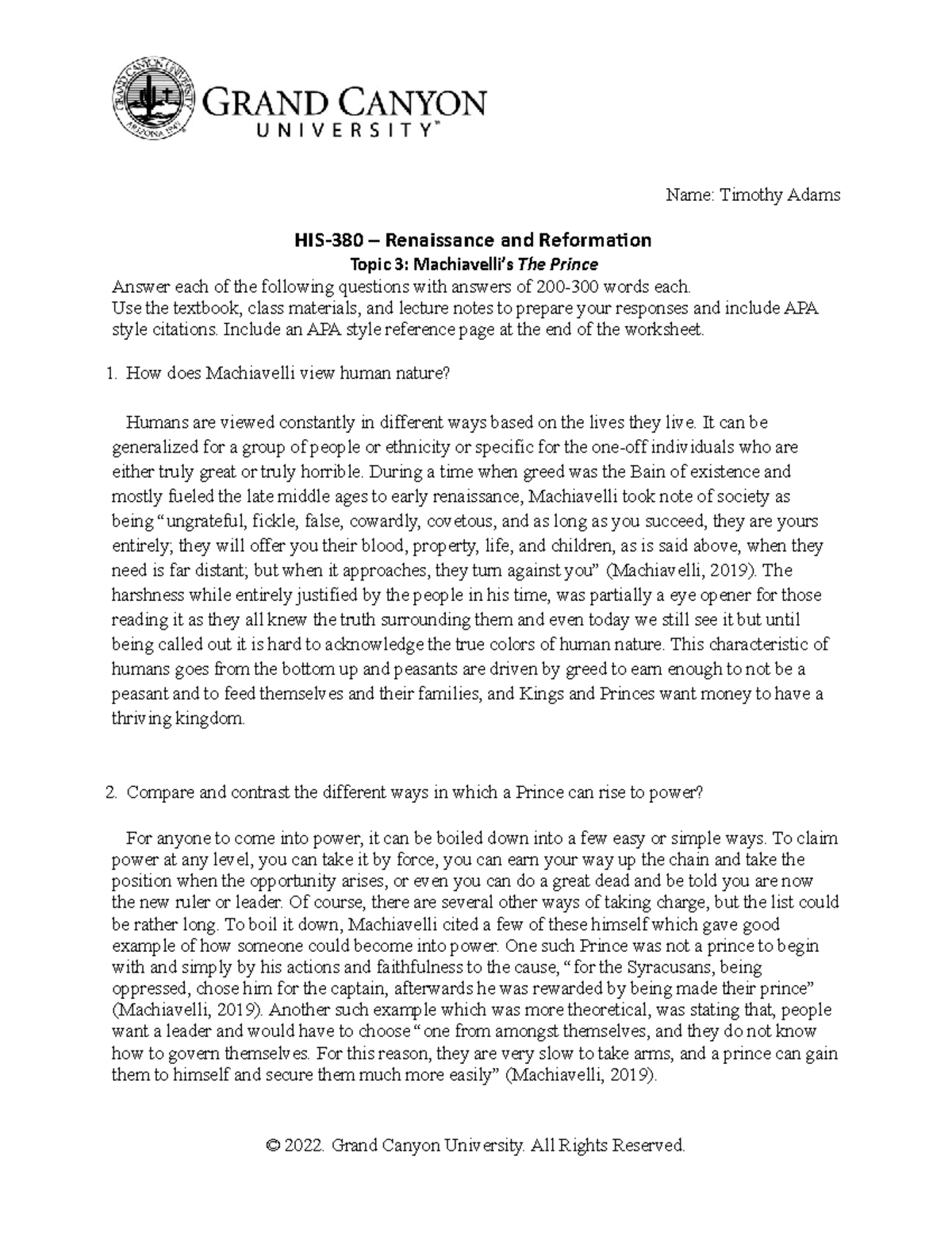 HIS-380 T3 The Prince Worksheet - Name: Timothy Adams HIS-380 ...