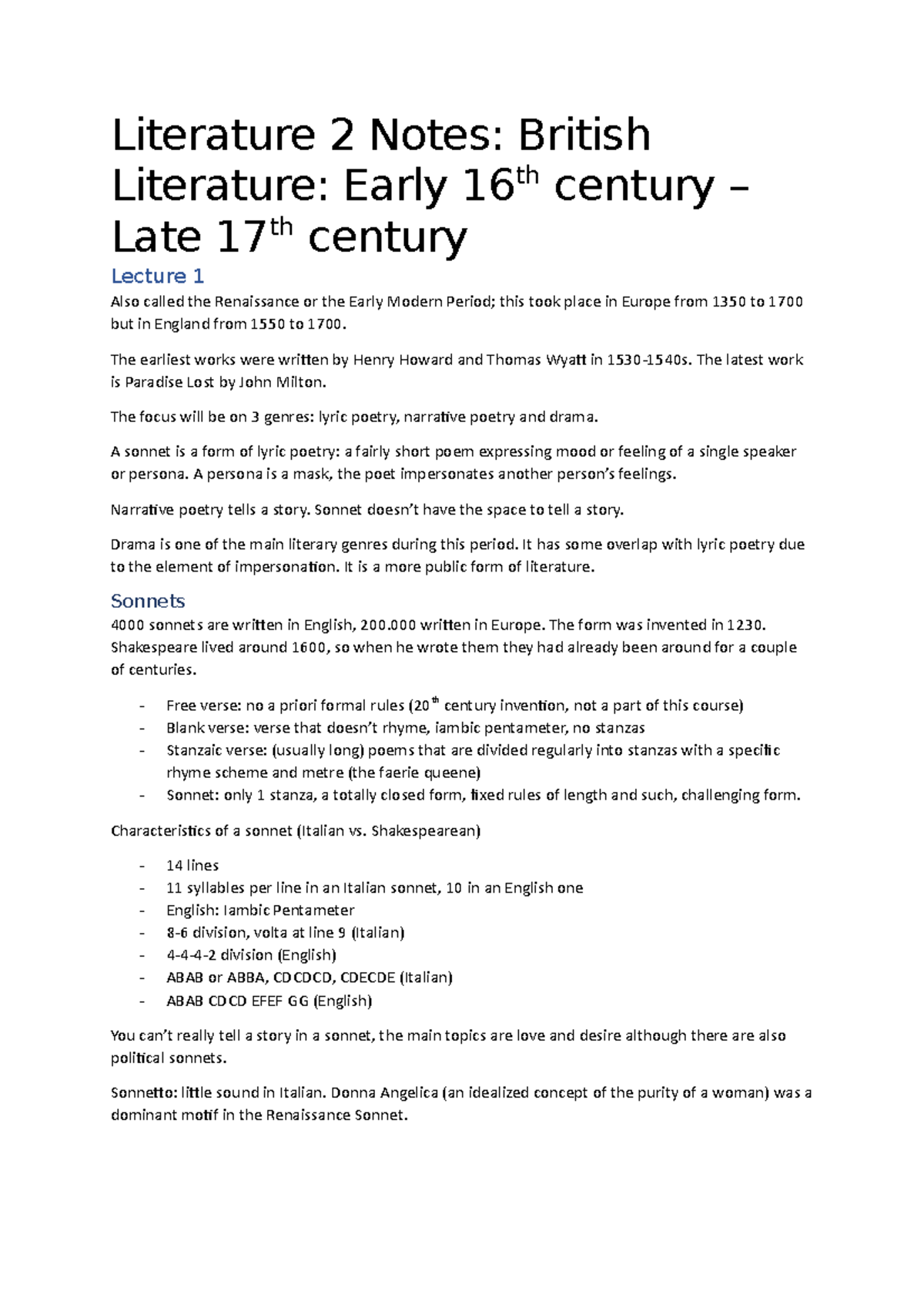 Notes Literature 2 lectures - Literature 2 Notes: British Literature ...