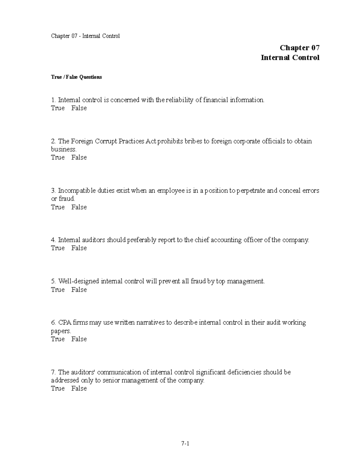 Chapter-7-Test-Bank aud - Chapter 07 Internal Control True / False ...