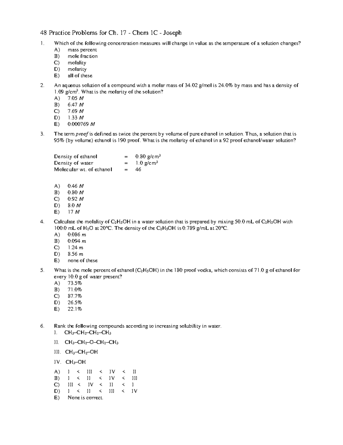 Chem 121 - Chapter 17 practice test with answers - 48 Practice Problems ...