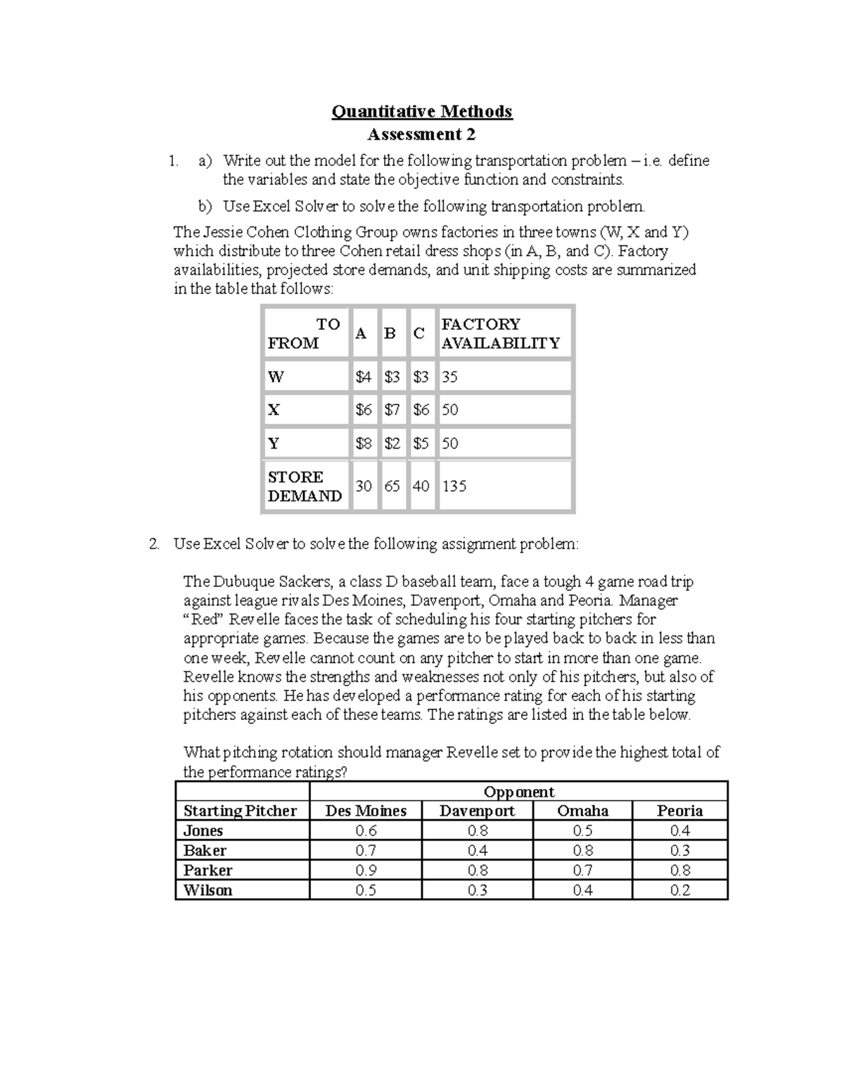 Homework Transportation and Assignment d) - Quantitative Methods ...
